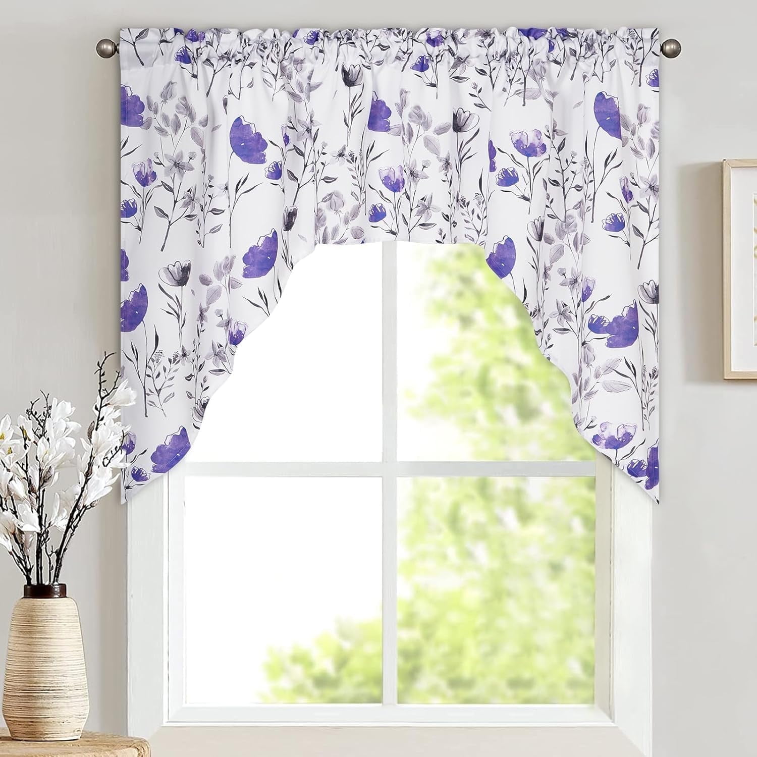 Alishomtll Kitchen Curtains Valances Swags for Windows Purple Floral ...