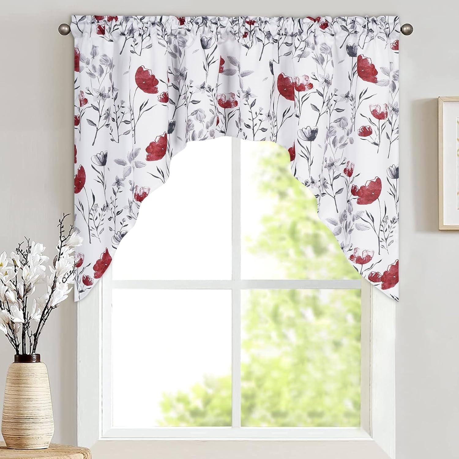 Alishomtll Kitchen Curtains Valances Swags for Windows Red Floral ...