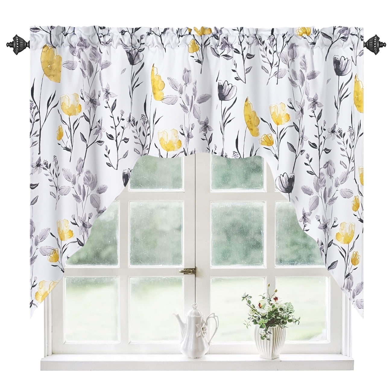 Alishomtll Kitchen Curtains Valances Swags for Windows Yellow Floral ...