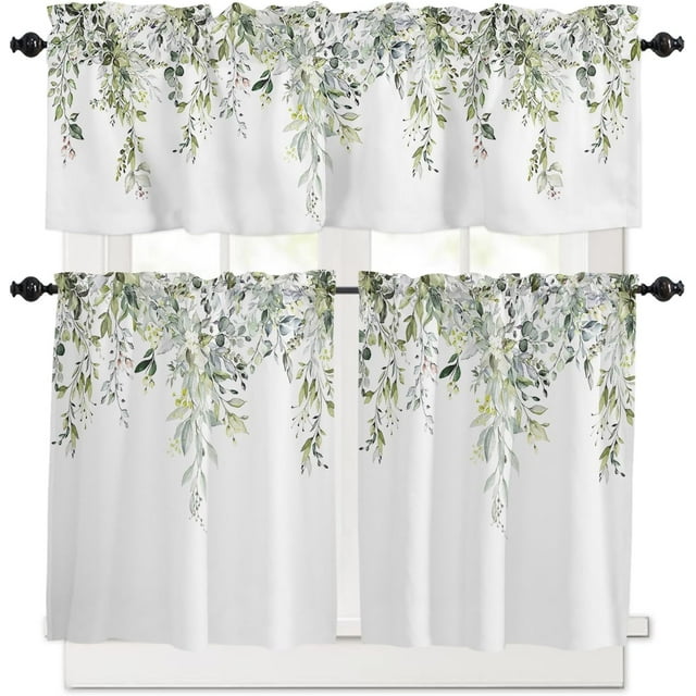 Alishomtll Kitchen Curtains and Valances Sets Green Floral Print ...