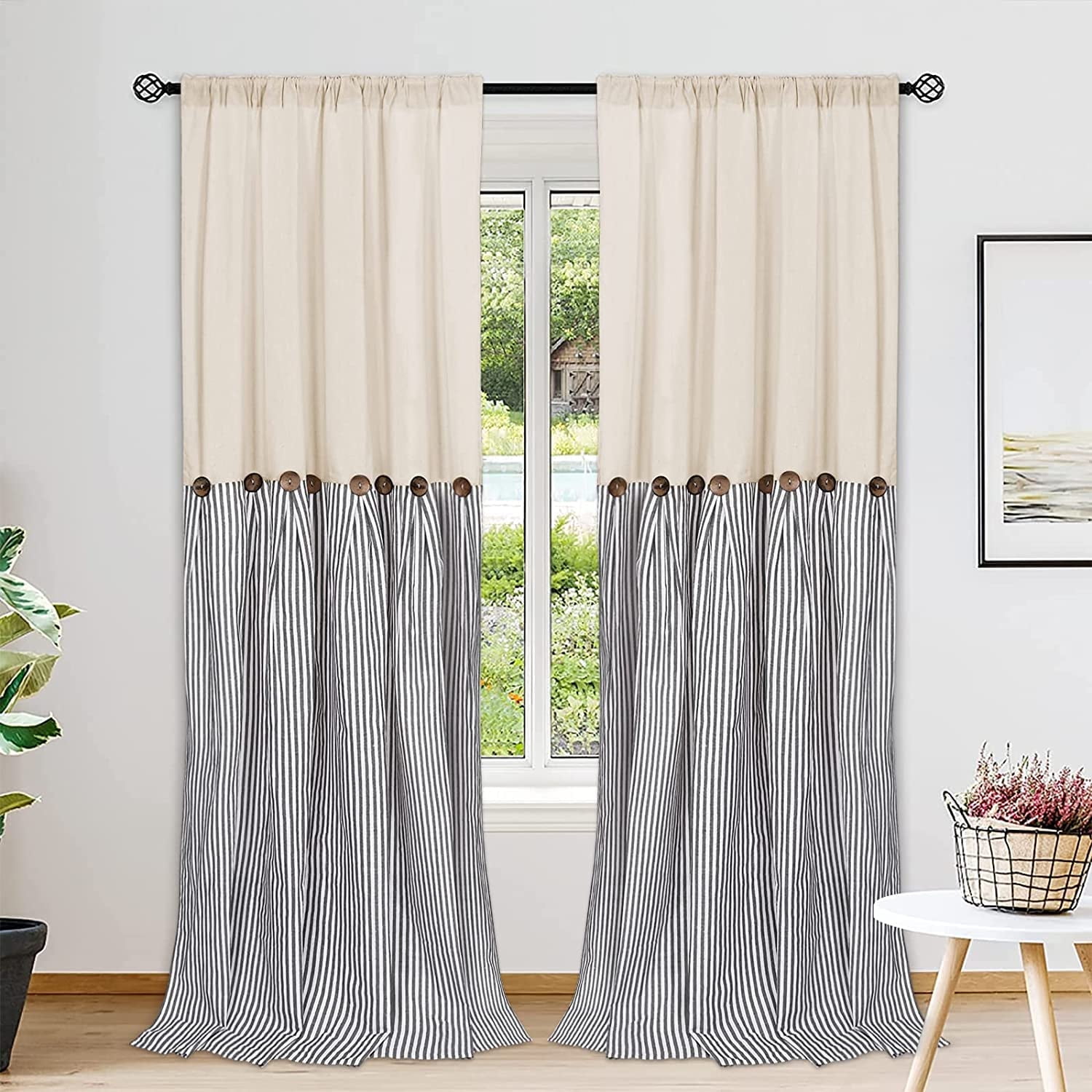 "Alishomtll Farmhouse Linen Button Curtains, Set of 2, Rod Pocket ...