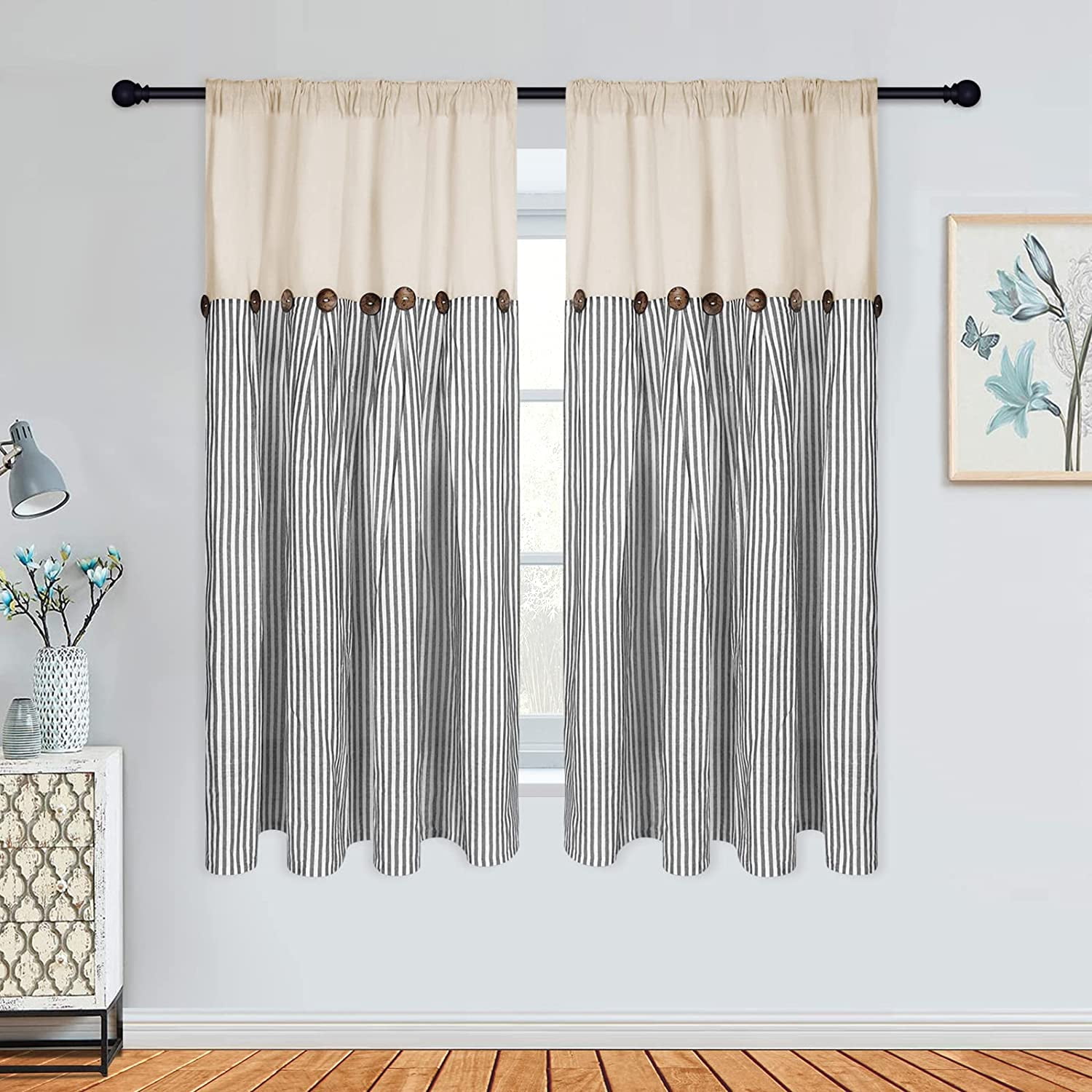 Alishomtll Natural Cotton Linen Farmhouse Curtain Panels with Buttons ...