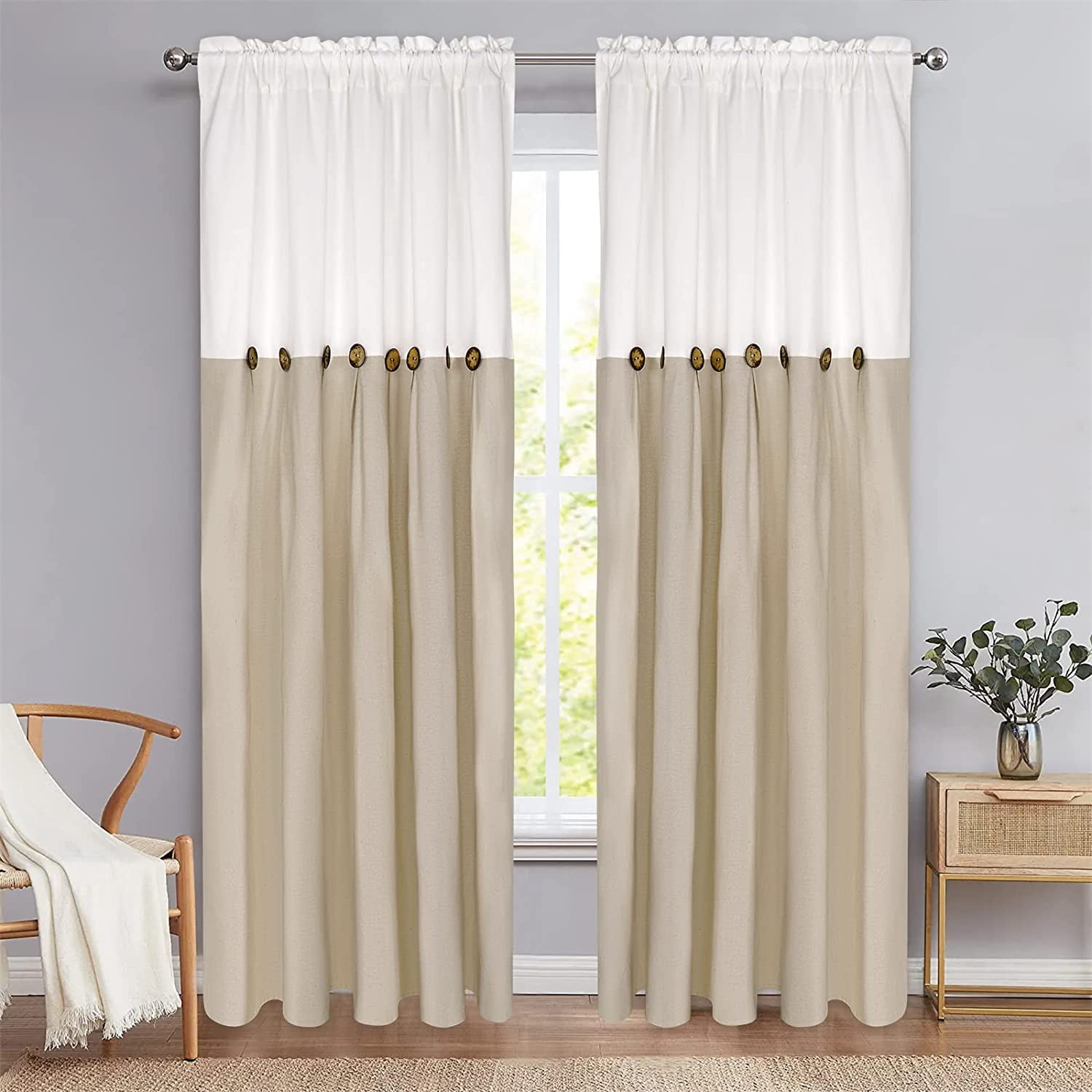 Alishomtll Linen Curtains Farmhouse Boho Button Light Filtering Window ...