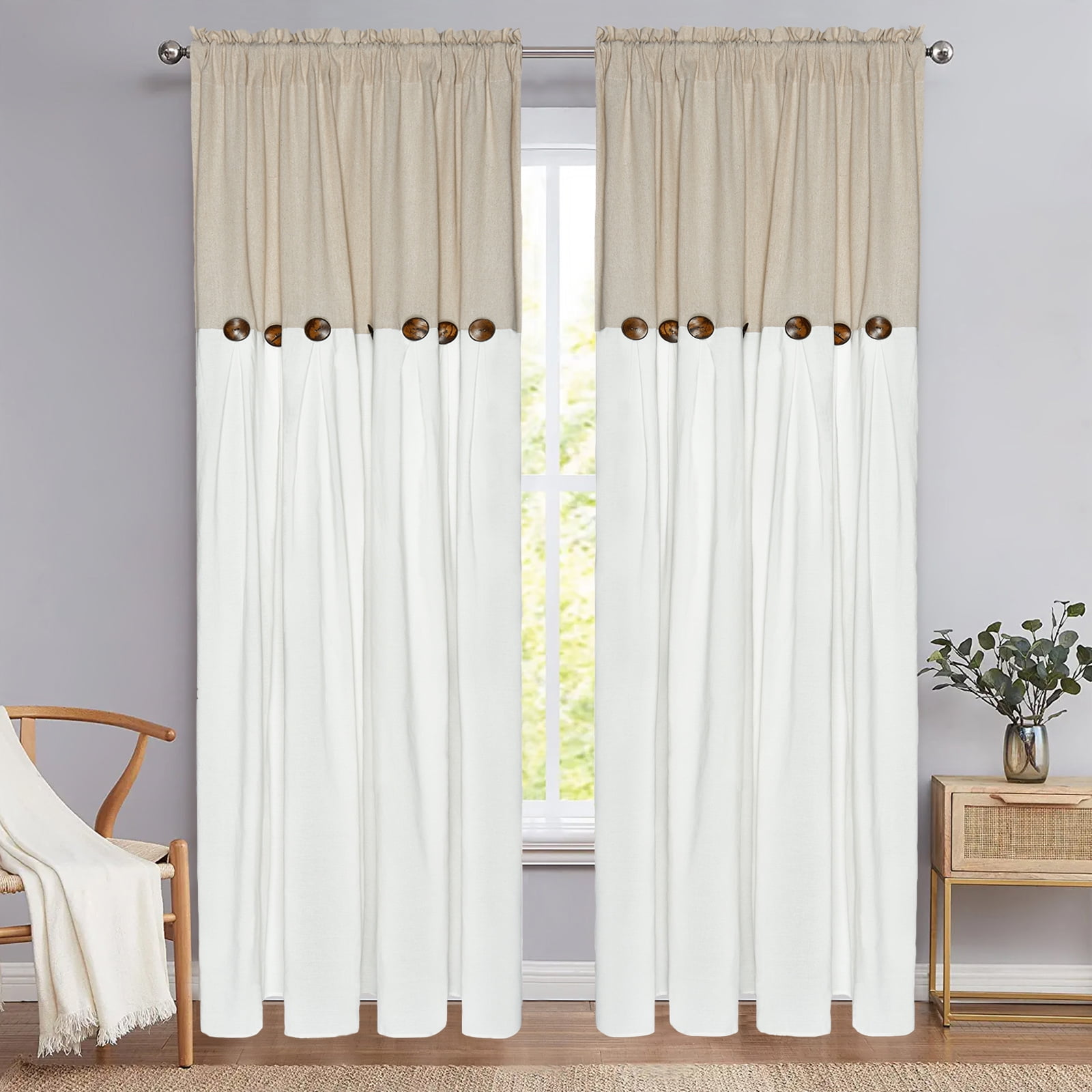 Alishomtll Linen Curtains Farmhouse Boho Button Light Filtering Window ...