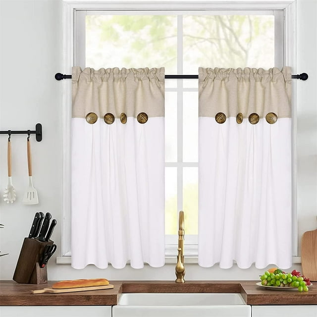 Alishomtll Linen Kitchen Curtains 36 inch Farmhouse Boho Button Light ...