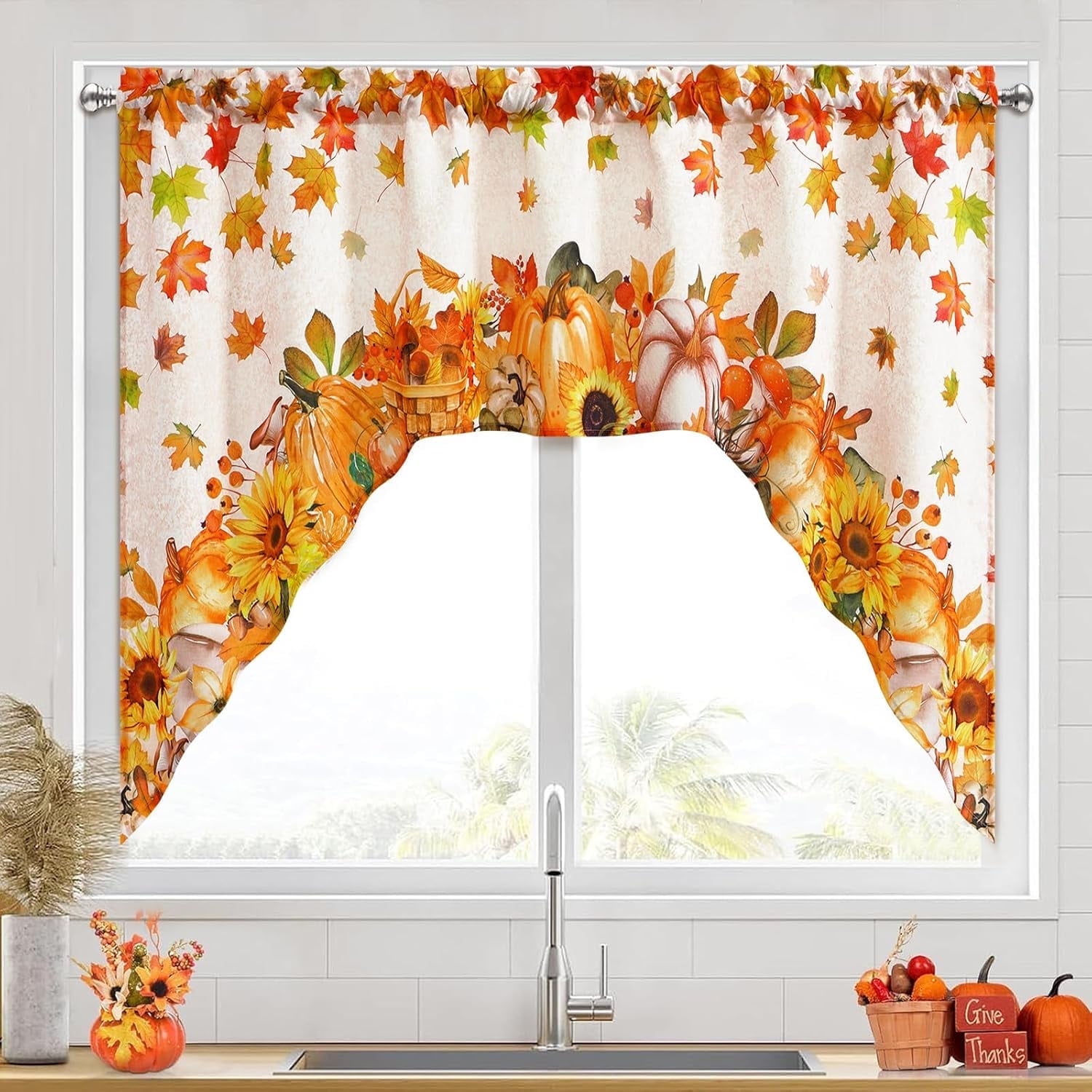 Alishomtll Maple Leaves Pumpkins Fall Kitchen Swag Valance Curtains ...