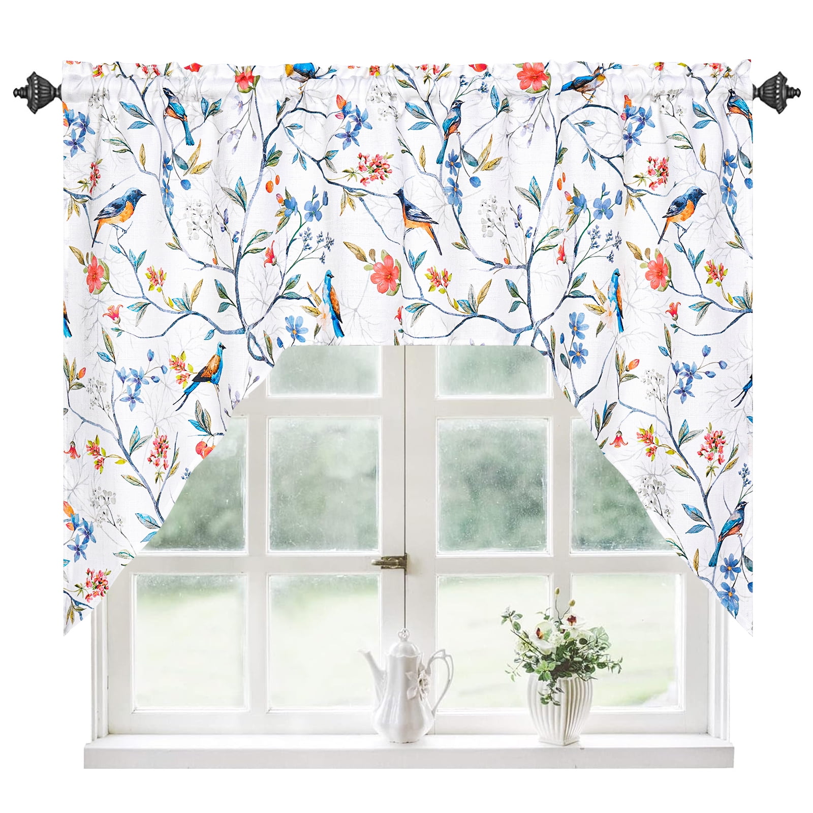 "Alishomtll Bird Print Kitchen Curtains with Valances, Rod Pocket ...