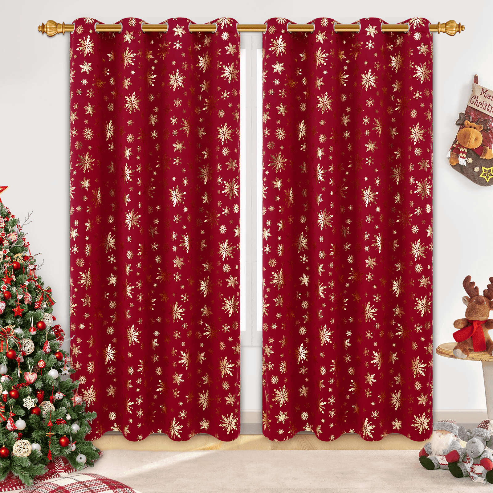Alishomtll Red Christmas Curtains for Living Room Blackout Golden ...