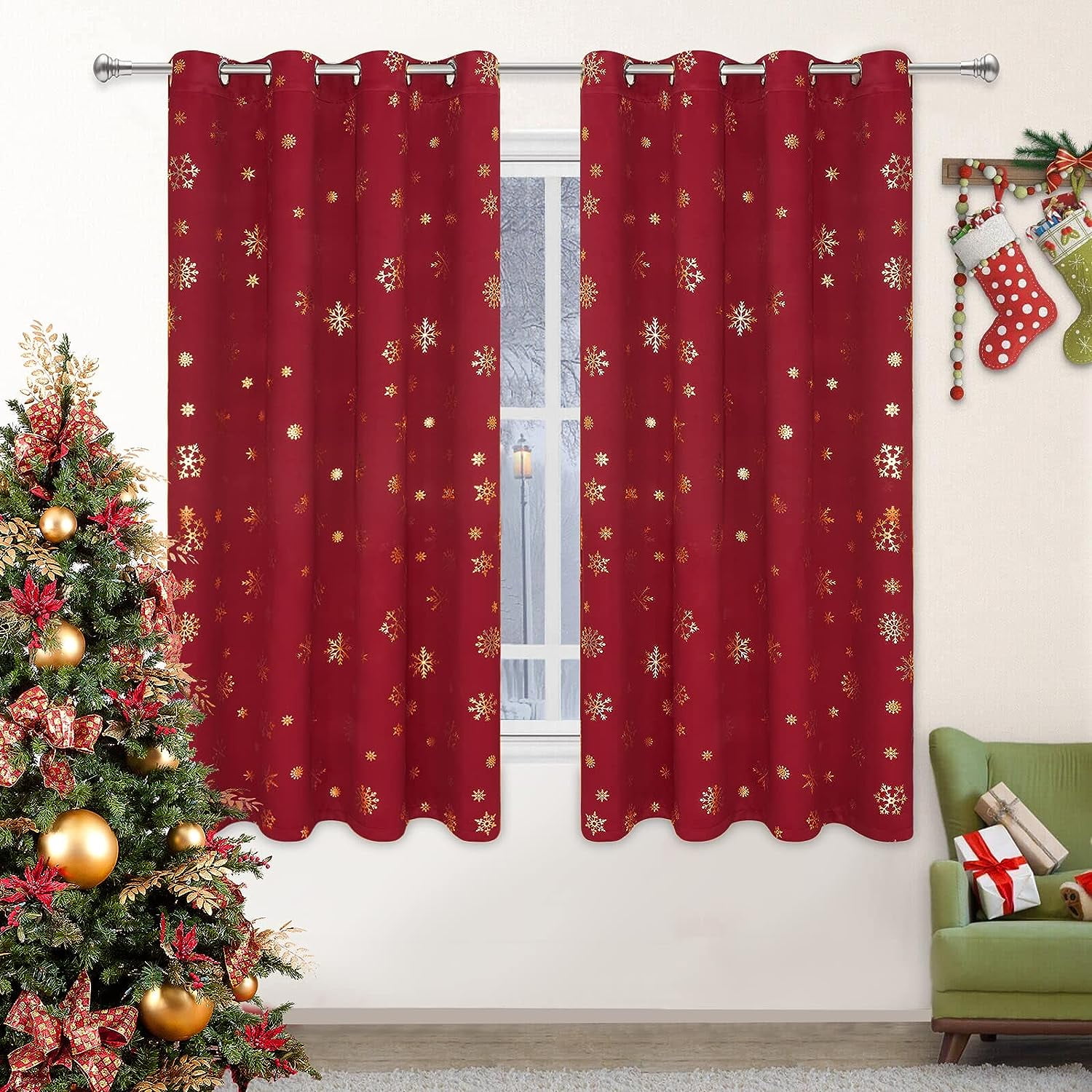 Alishomtll Snowflake Foil Print Christmas Blackout Curtains, Christmas ...