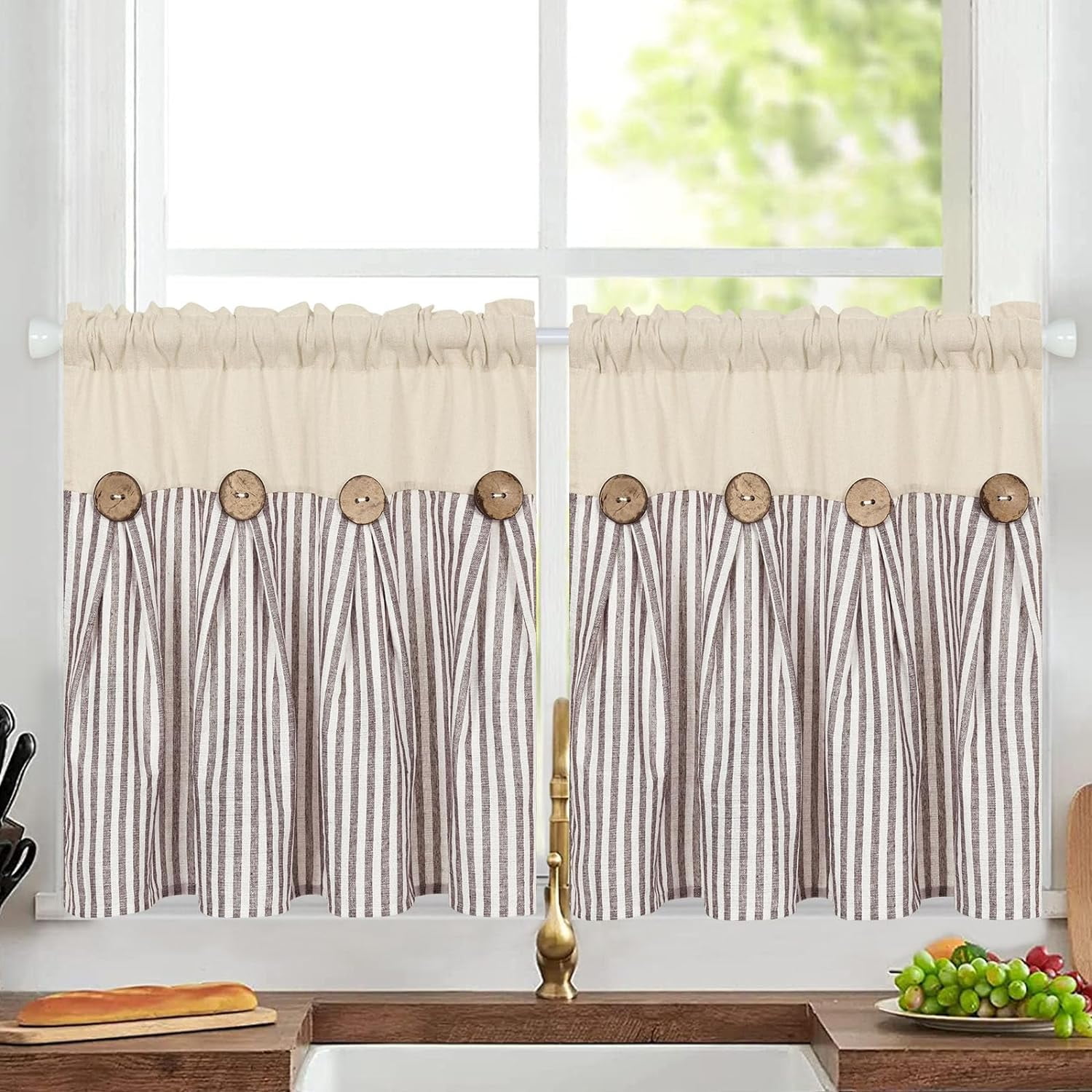 Alishomtll Stripe Kitchen Curtains 8 Button Linen Cotton Window ...