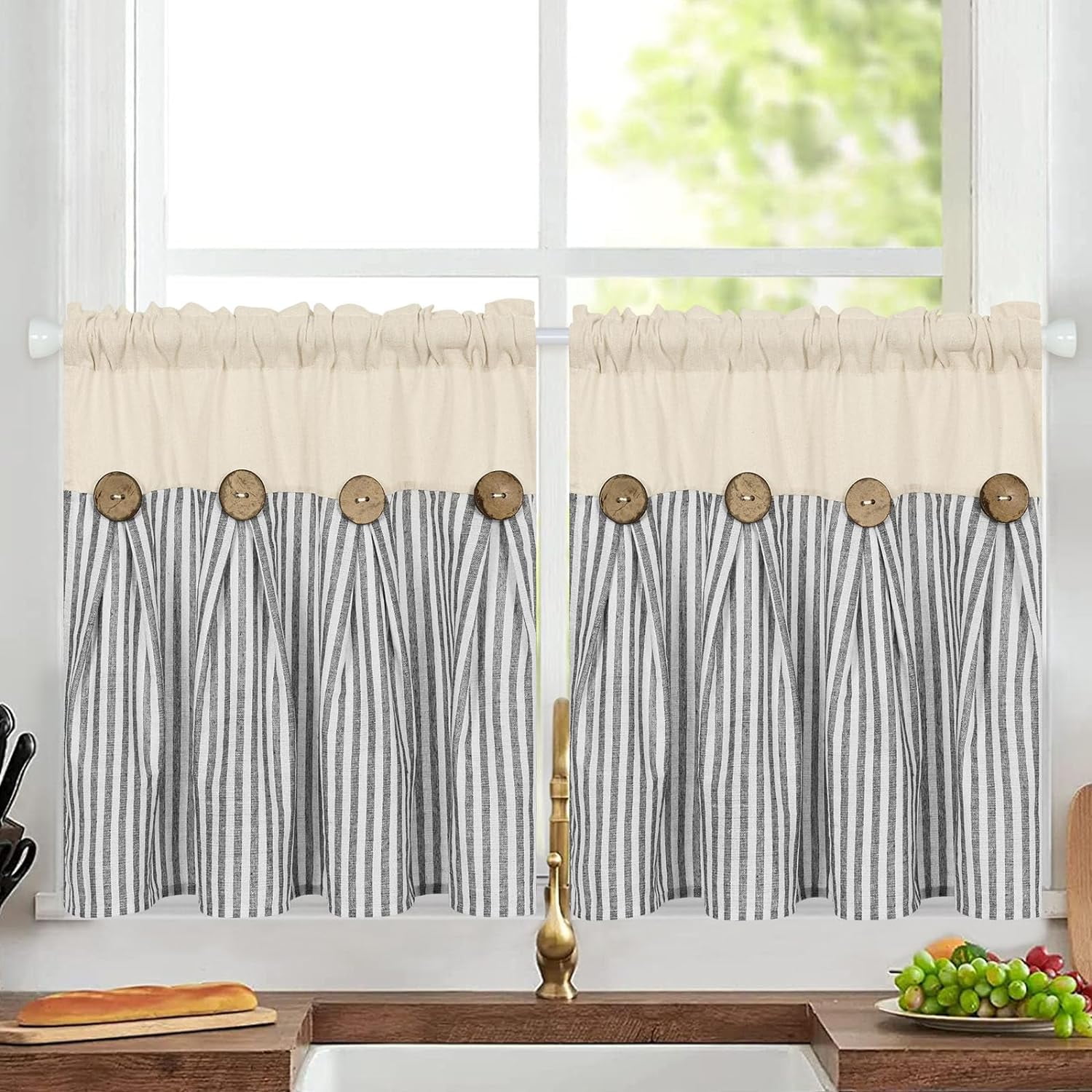 Alishomtll Stripe Kitchen Curtains, 24'' Long, 8 Button Linen Cotton ...