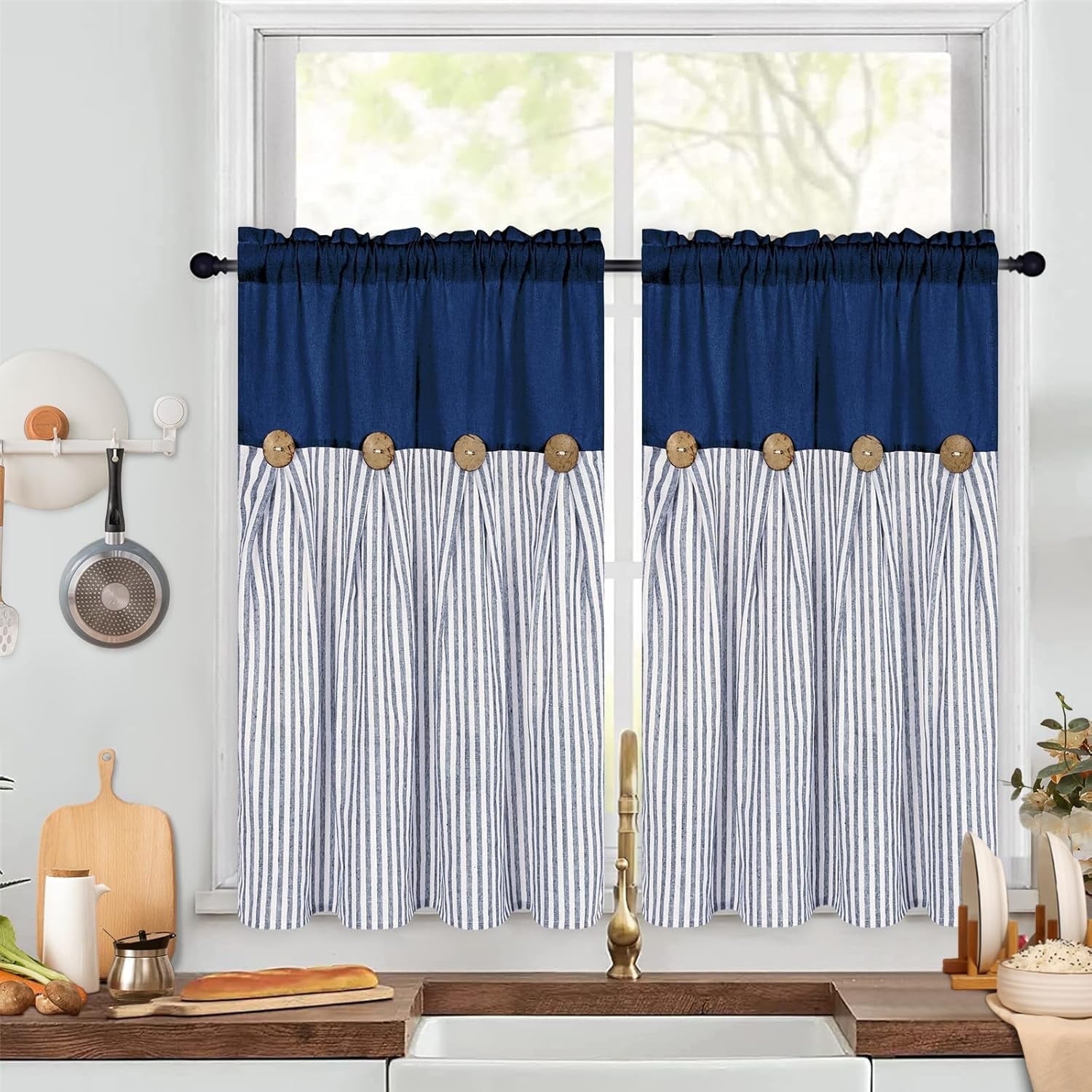 Alishomtll Stripe Kitchen Curtains 8 Button Linen Cotton Window ...