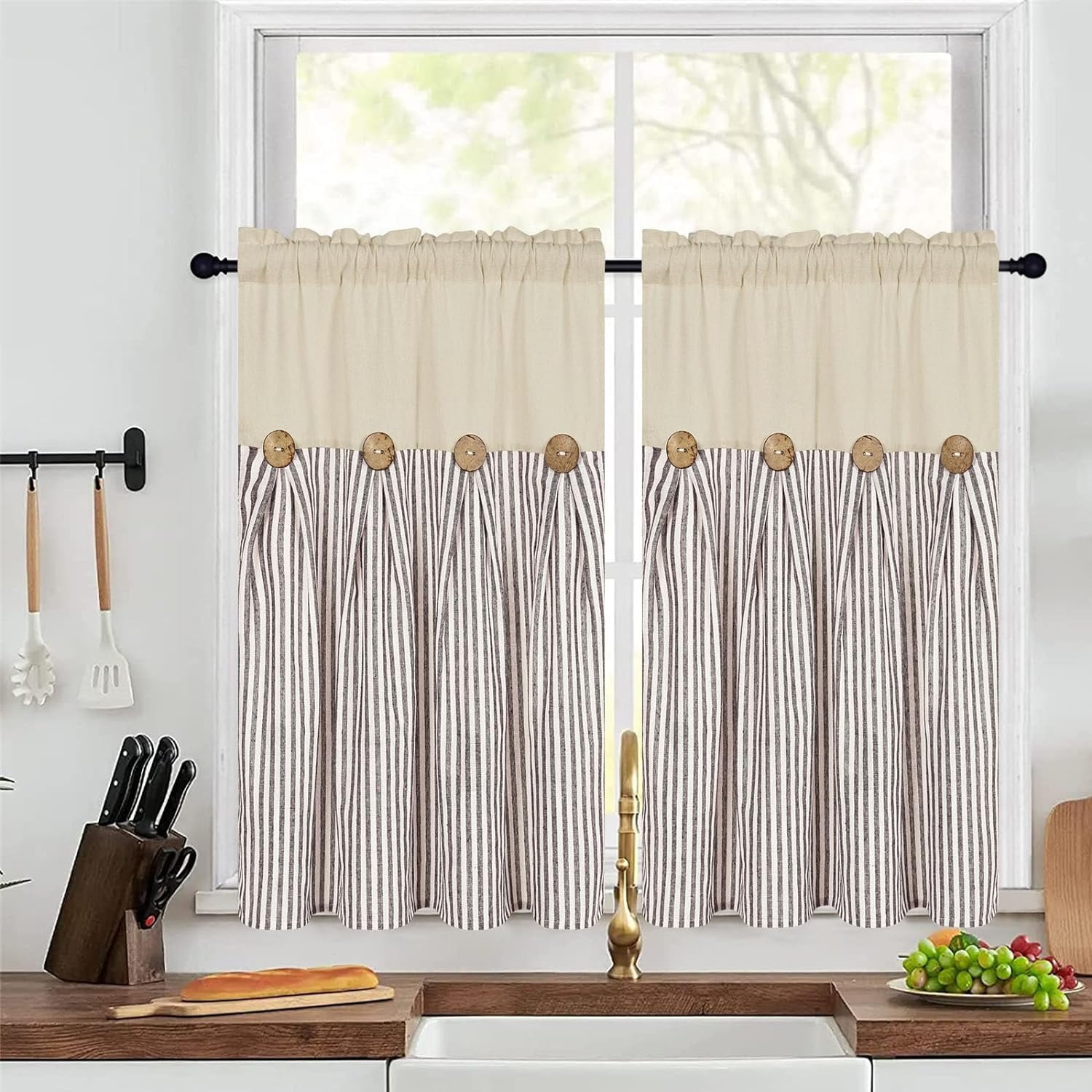 Alishomtll Farmhouse Kitchen Curtains, Stripe Linen Cotton, 36 Inches ...