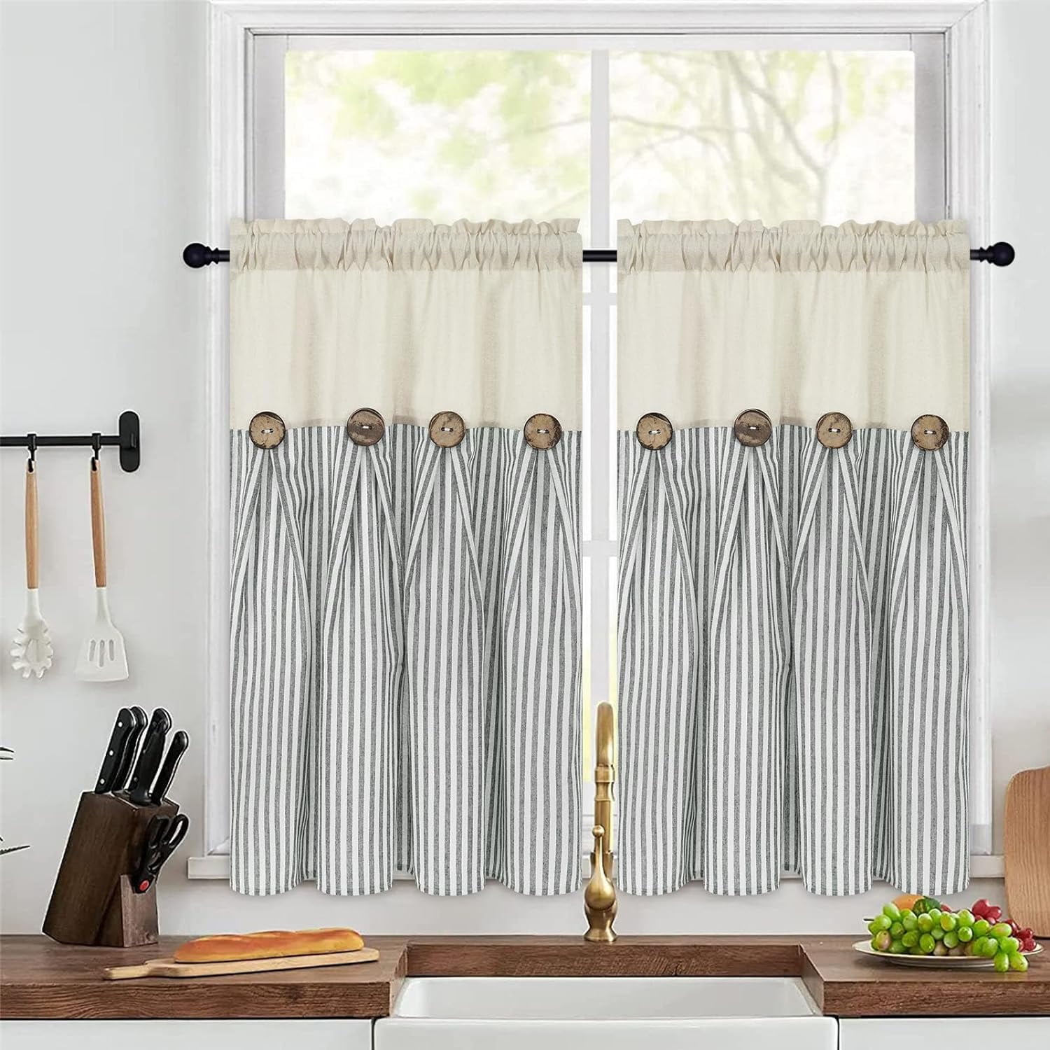 Alishomtll Stripe Kitchen Curtains 8 Button Linen Cotton Window ...