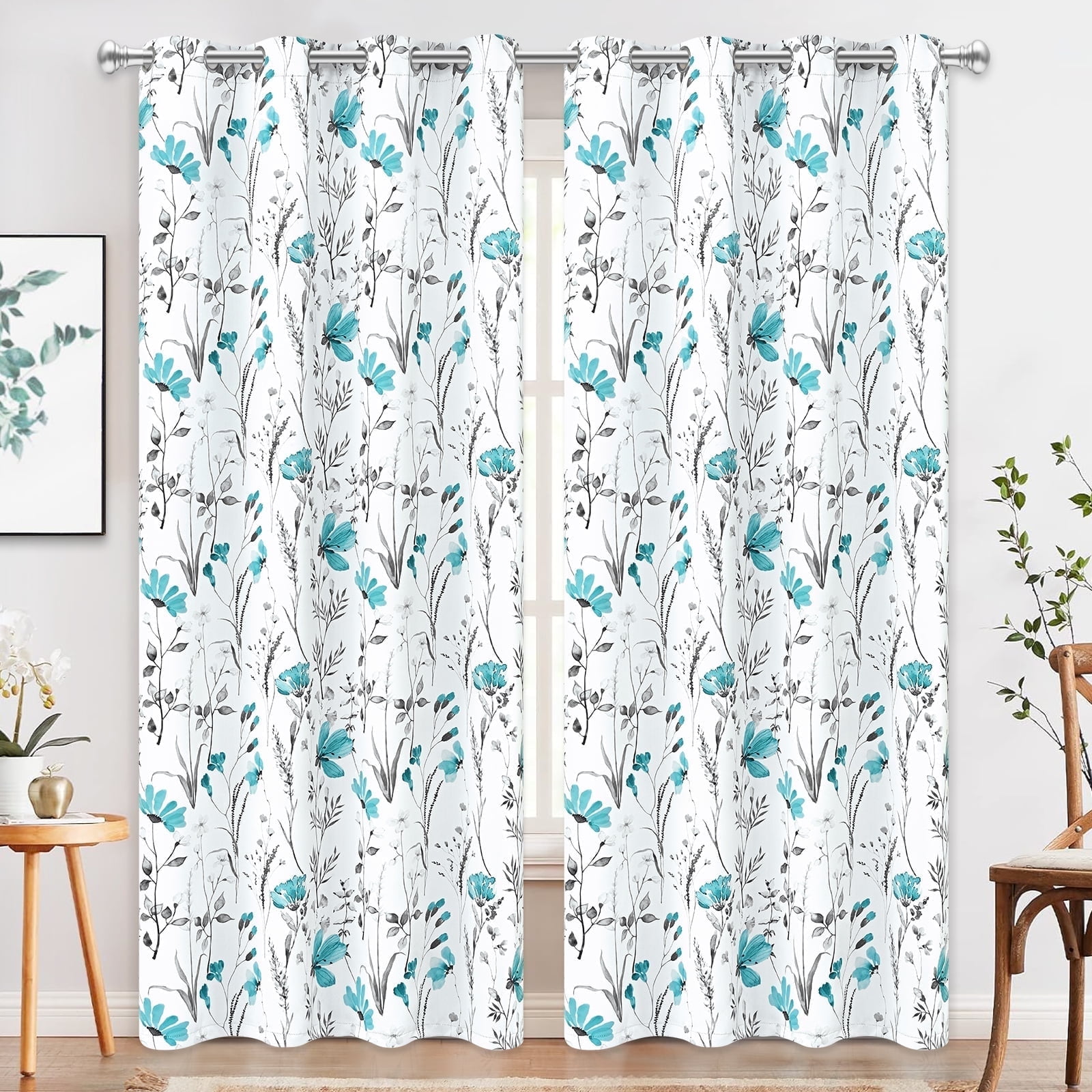 Alishomtll Teal Floral Blackout Curtains for Living Room Bedroom Energy ...