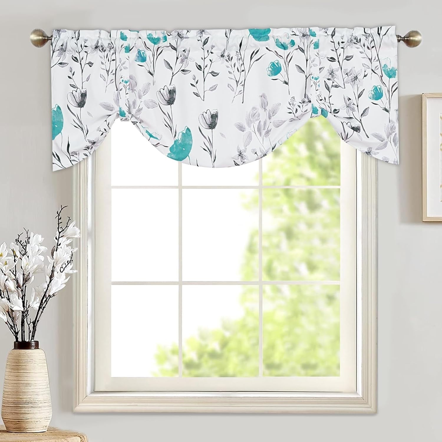 Alishomtll Teal Gray Watercolor Floral Printed Tie Up Valances Curtains ...