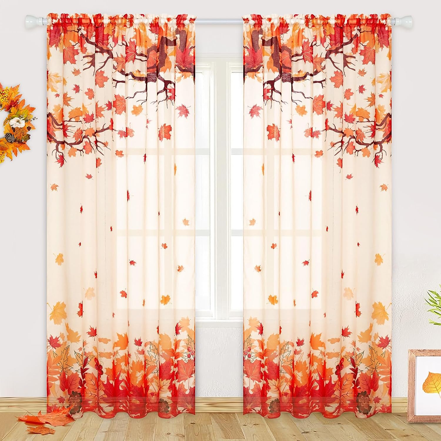 Alishomtll Thanksgiving Fall Curtains for Living Room Semi Sheer Voile ...