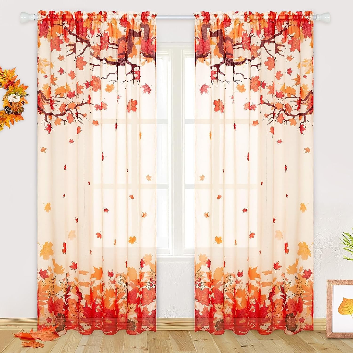 Alishomtll Thanksgiving Fall Curtains for Living Room Semi Sheer Voile ...
