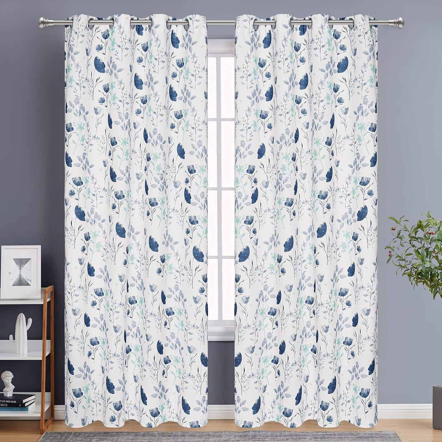 Alishomtll Watercolor Gray Blue Floral Window Curtains for Living Room ...