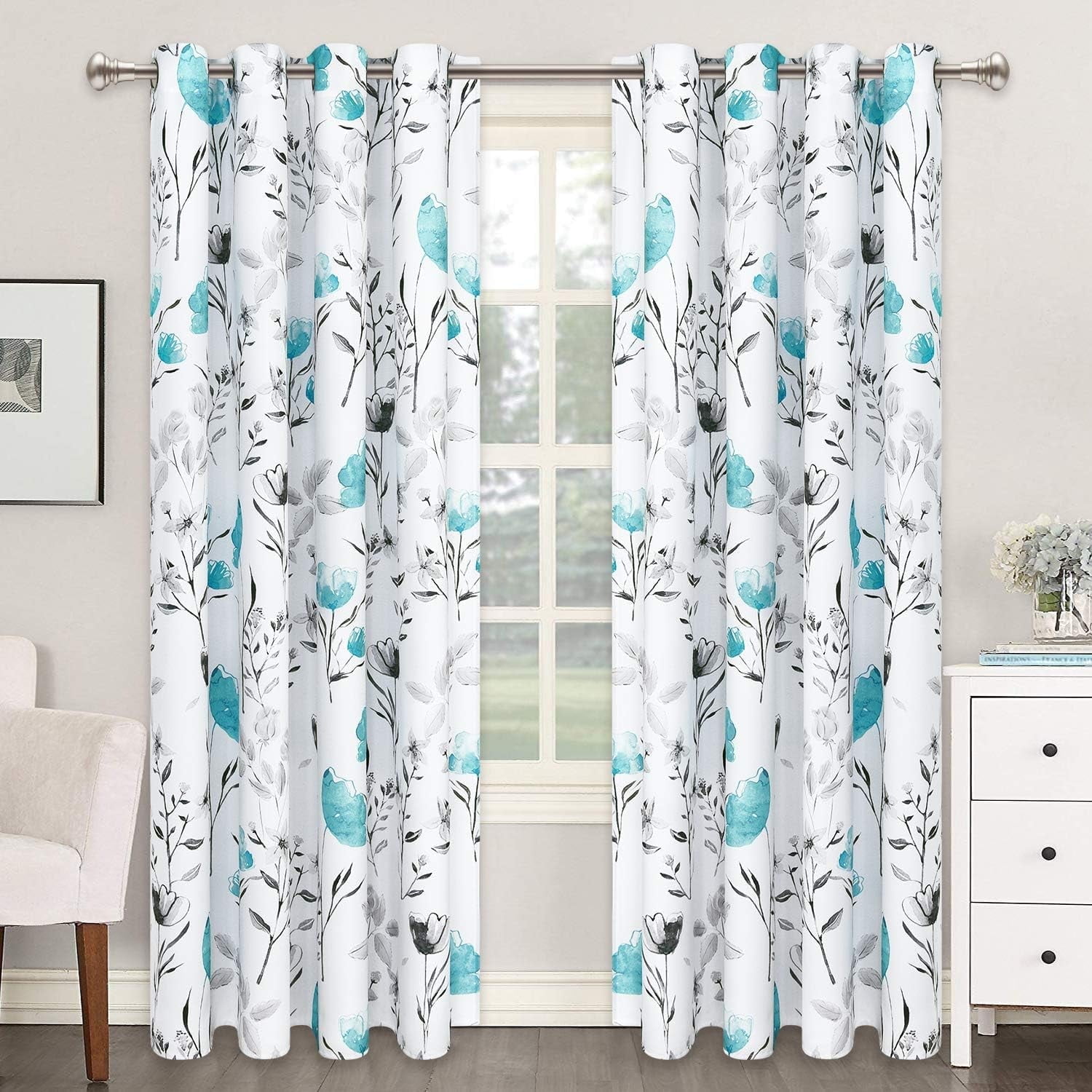 "Alishomtll Watercolor Floral Print Panels, Gray Teal Light-filtering ...