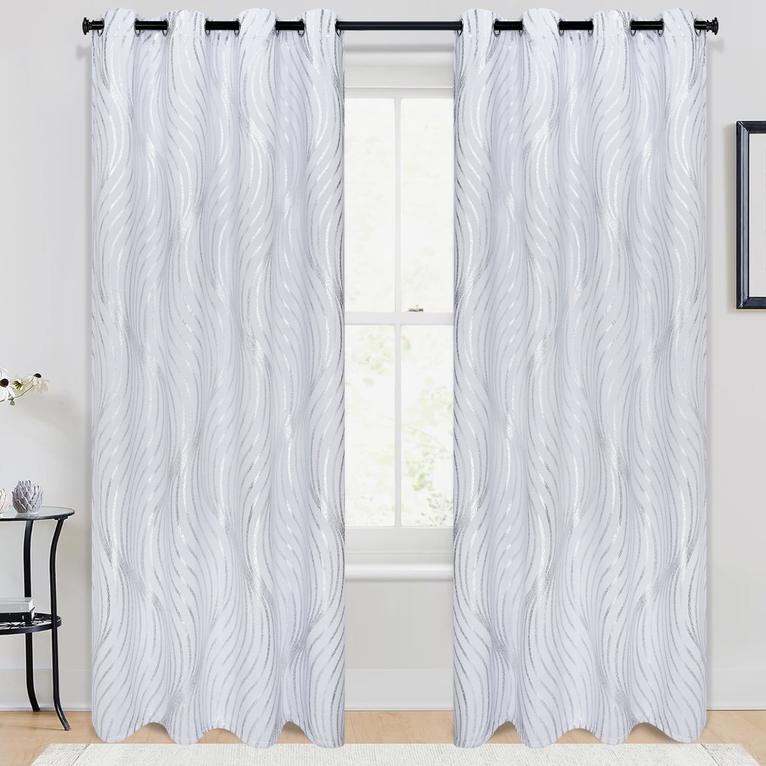 Alishomtll White Blackout Curtains for Living Room ,Modern Metallic ...