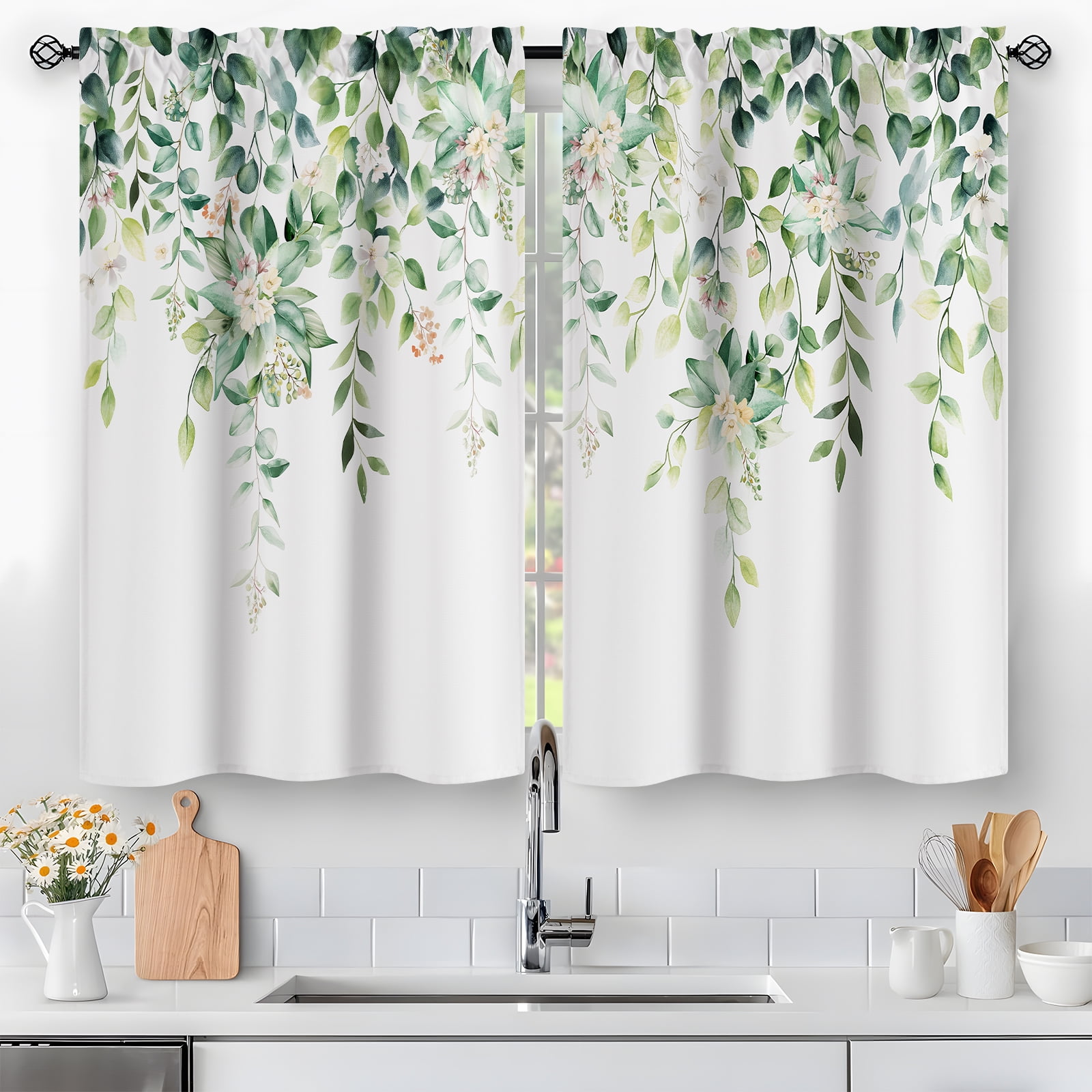 Alishomtll White Green Curtains Tier 36 Inch Length,Floral Print Short ...