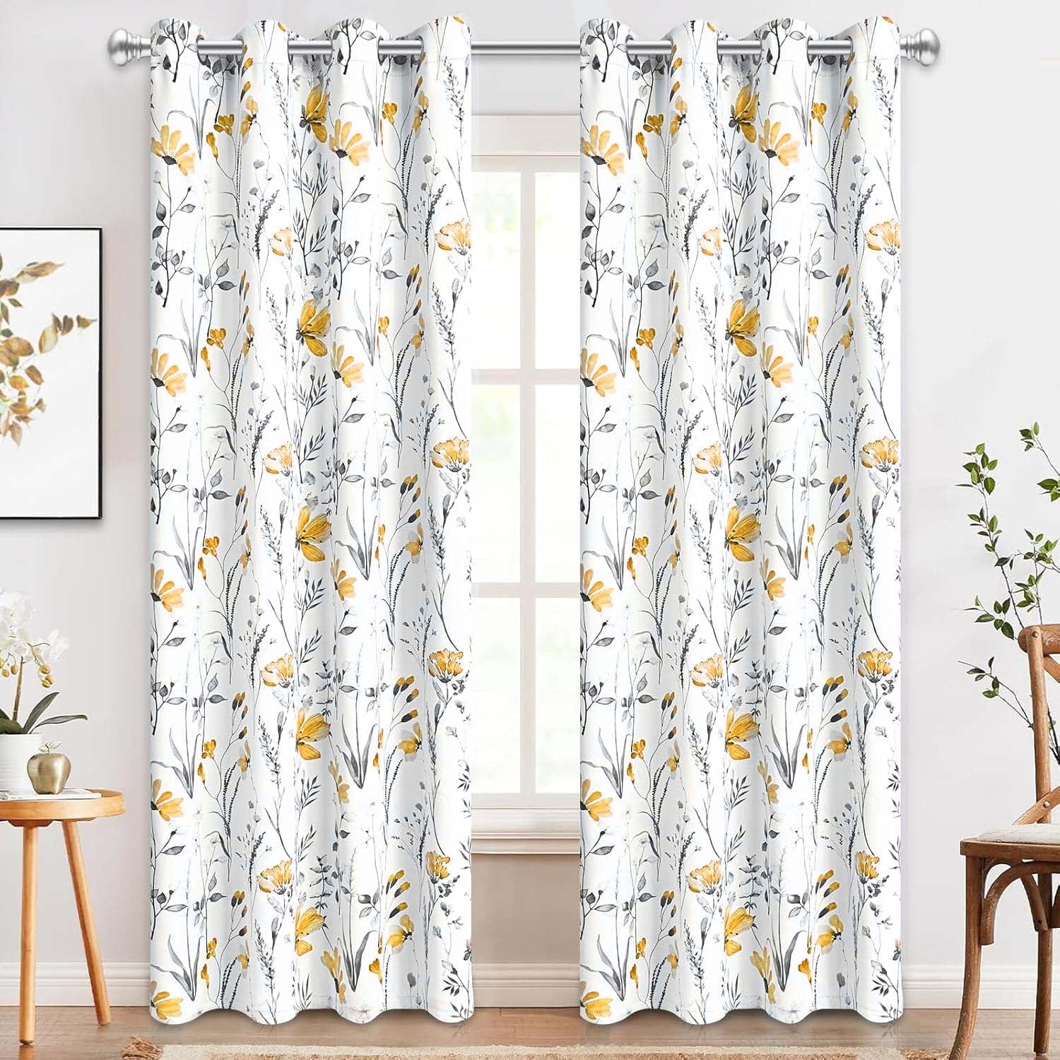 Alishomtll Yellow Floral Blackout Curtains for Living Room Bedroom ...