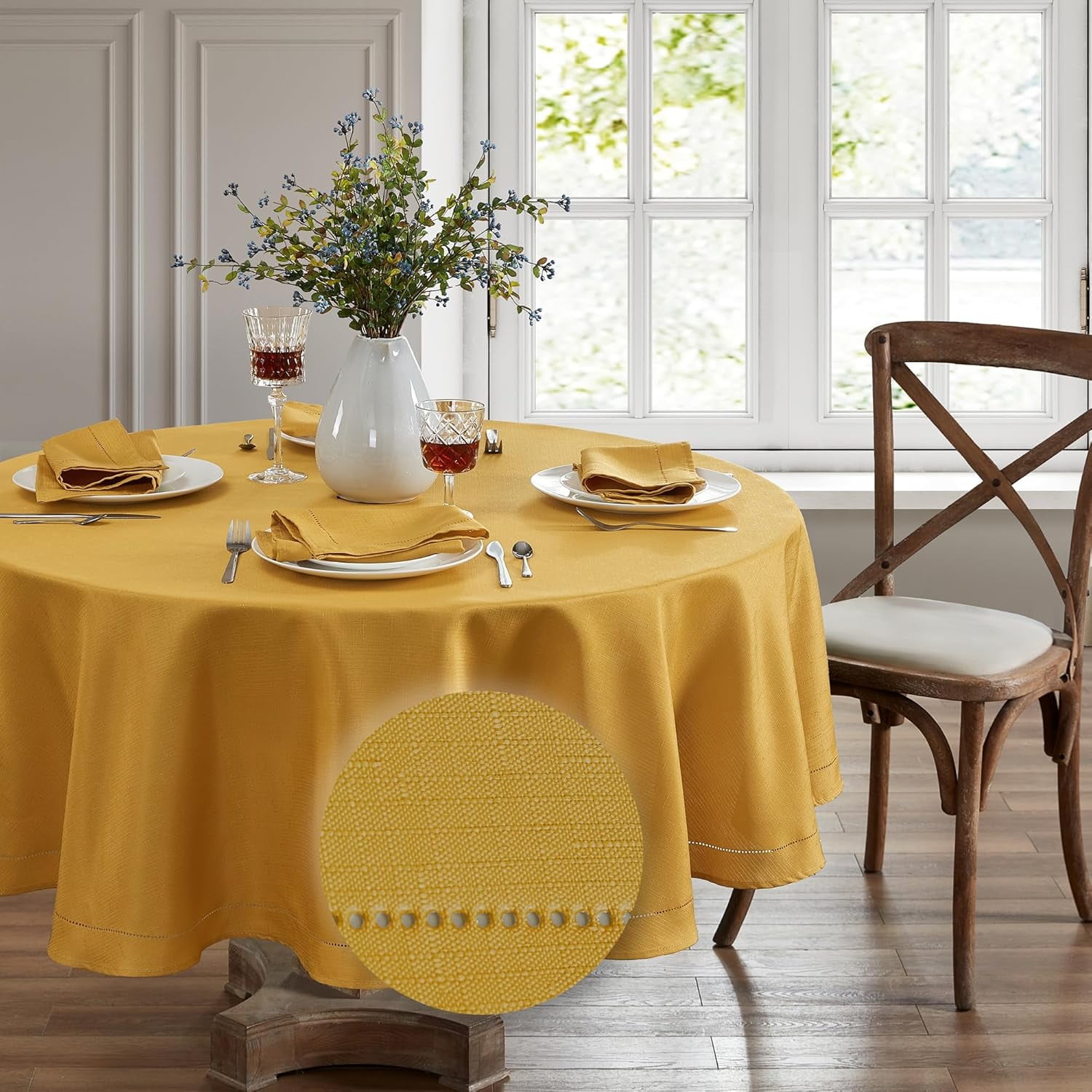 Alison Eyelet Border Design Wrinkle Resistant Fabric Tablecloth, 70"x70 ...