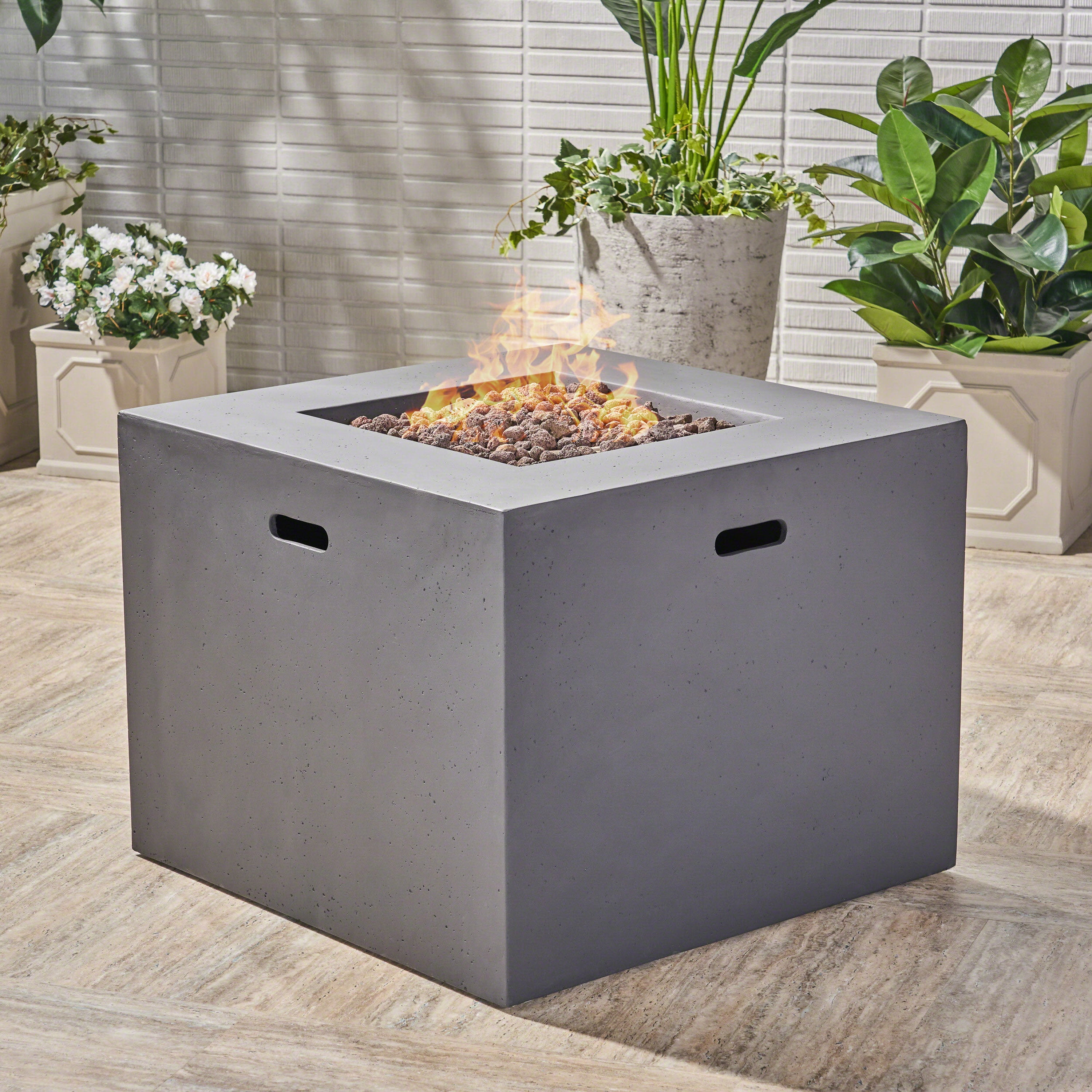 Alison Outdoor 31" Light Weight Concrete Square Gas Burning Fire Pit ...