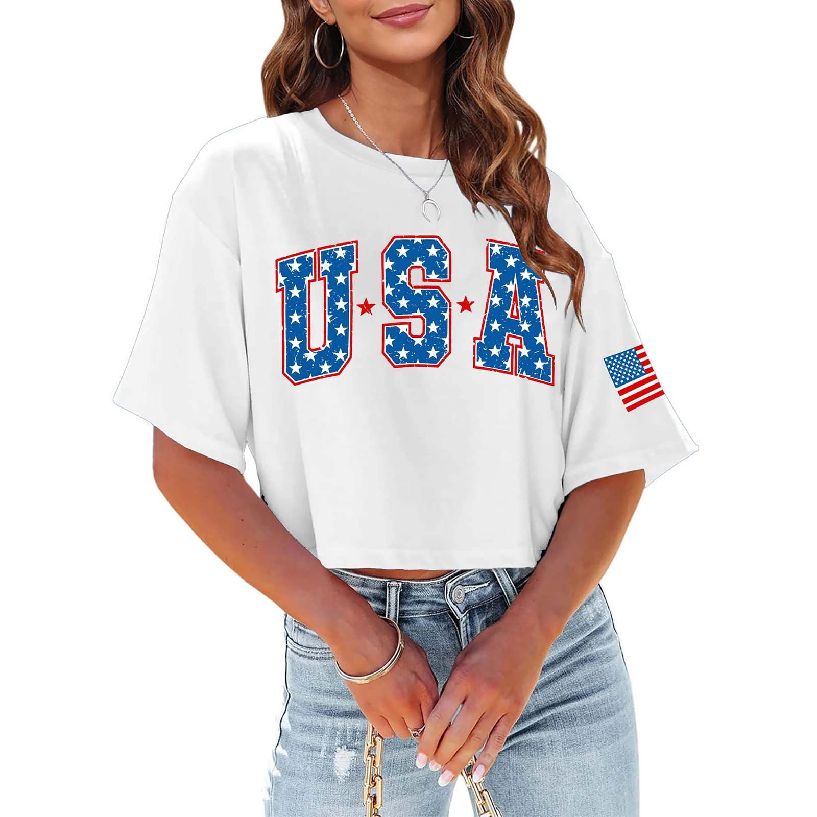 Alitao 4Th Of July Shirts Women T Shirts for Women American Flag Crop Tops Women USA Shirt ...