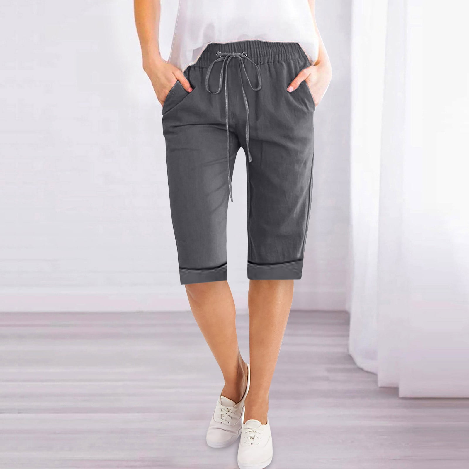 Alitao Linen Pants Women Womens Joggers Five Point Pants Solid Color ...