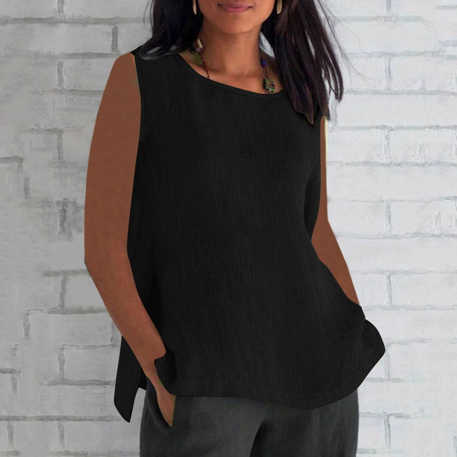 Alitao Tank Tops Linen Shirts Summer Women's Fashion Solid Color Casual ...