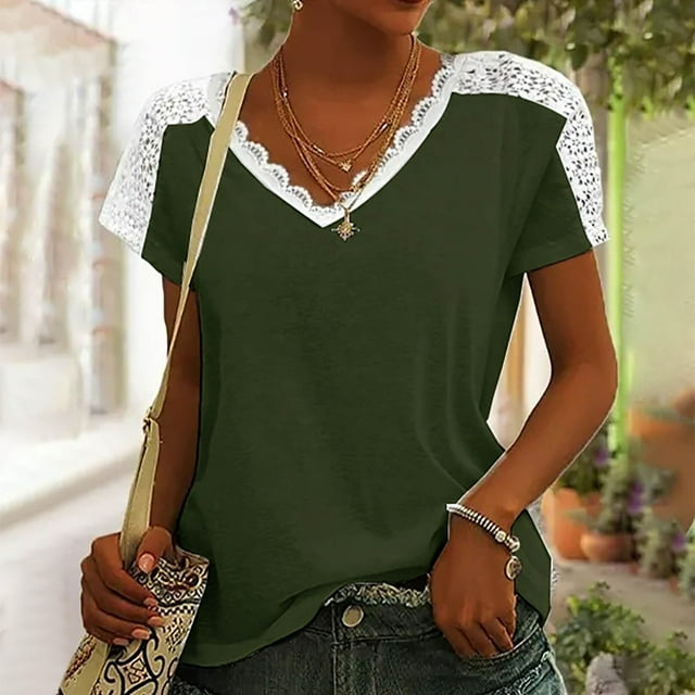 Alitao Tshirts Shirts Lace Tops Womens Tops 2025 Casual Short Sleeve V