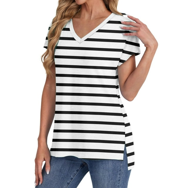 Alitao Tshirts Shirts Striped Shirt Women Womens Summer Daily Casual V