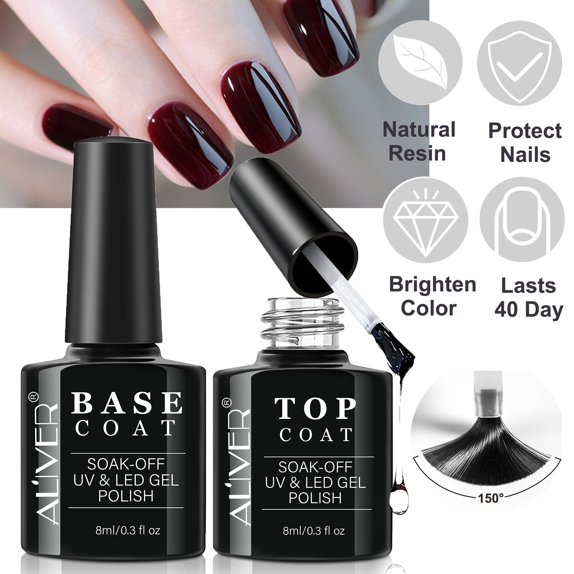 Aliver Base Coat + Top Coat Set Soak-Off UV & LED Gel Nail Polish, High Shinny and 40 Day Long ...