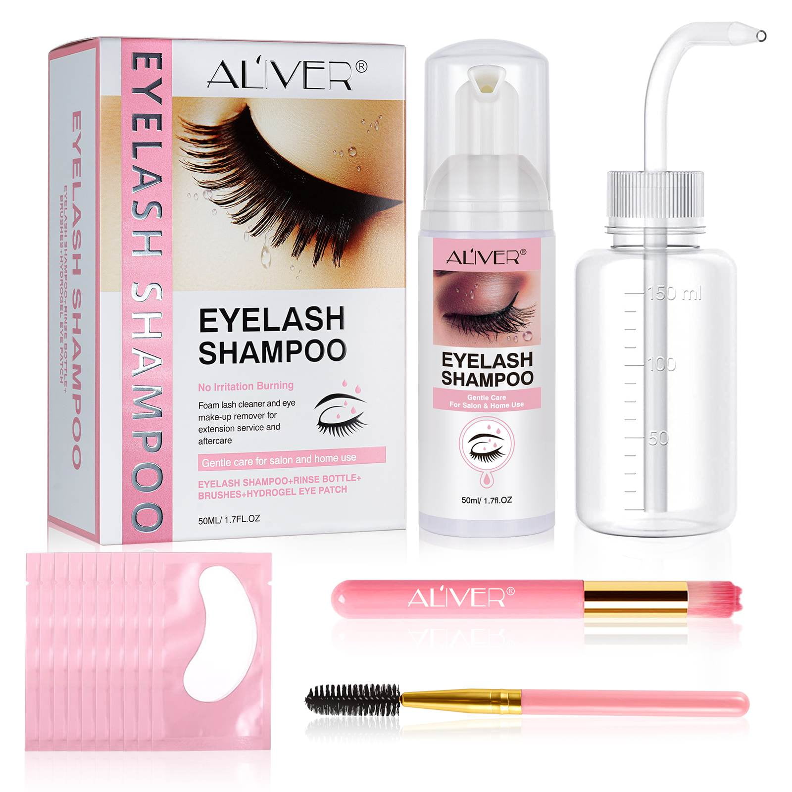 Aliver Eyelash Shampoo 50ml + Rinse Bottle + Brushes + Hydrogel Eye ...