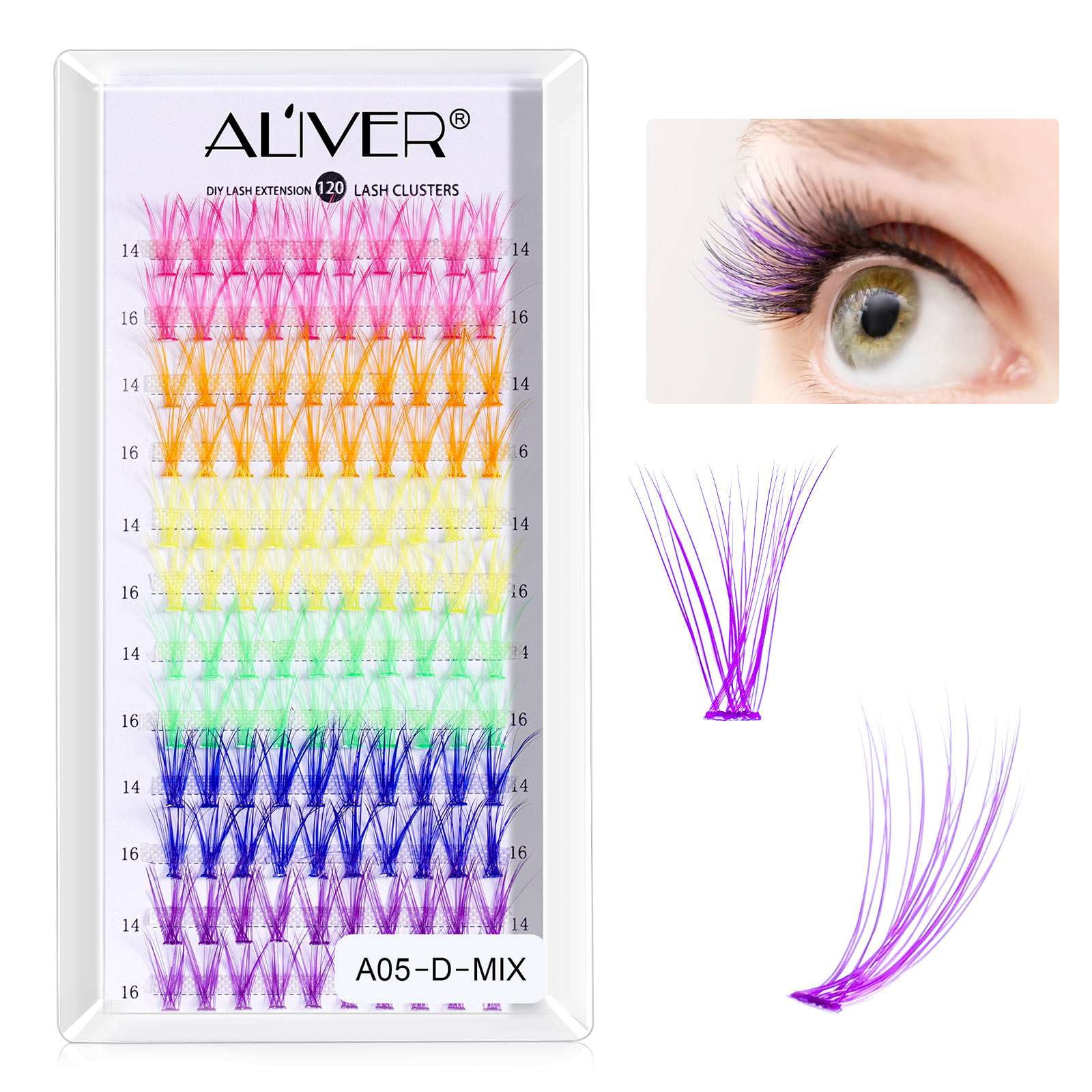 Aliver 120pcs DIY Eyelash Extensions, D Curl Natural Cluster Lashes 8-16mm, Colorful Individual ...