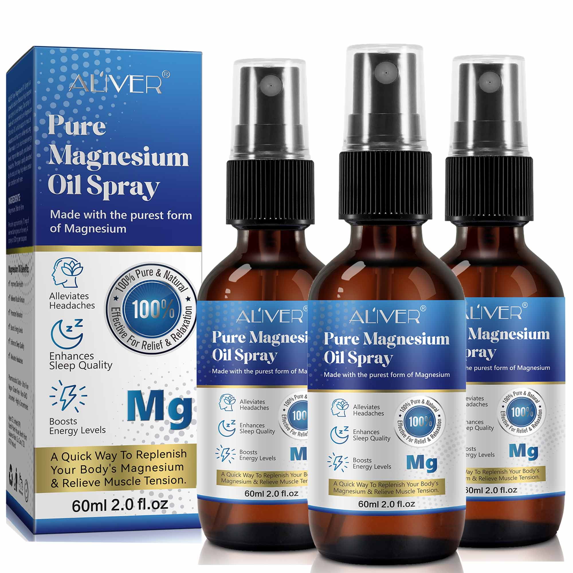 Aliver Pure Magnesium Oil Spray 3 Pack, Better Sleep, Enhance Muscle ...