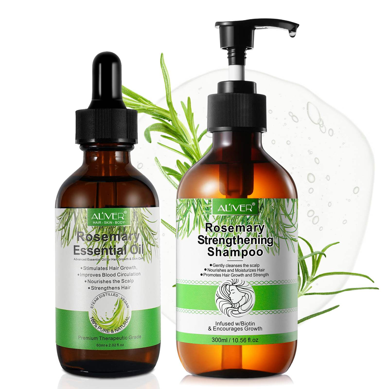 Aliver Rosemary Essential Oil & Shampoo Set, Infused with Biotin, Help ...