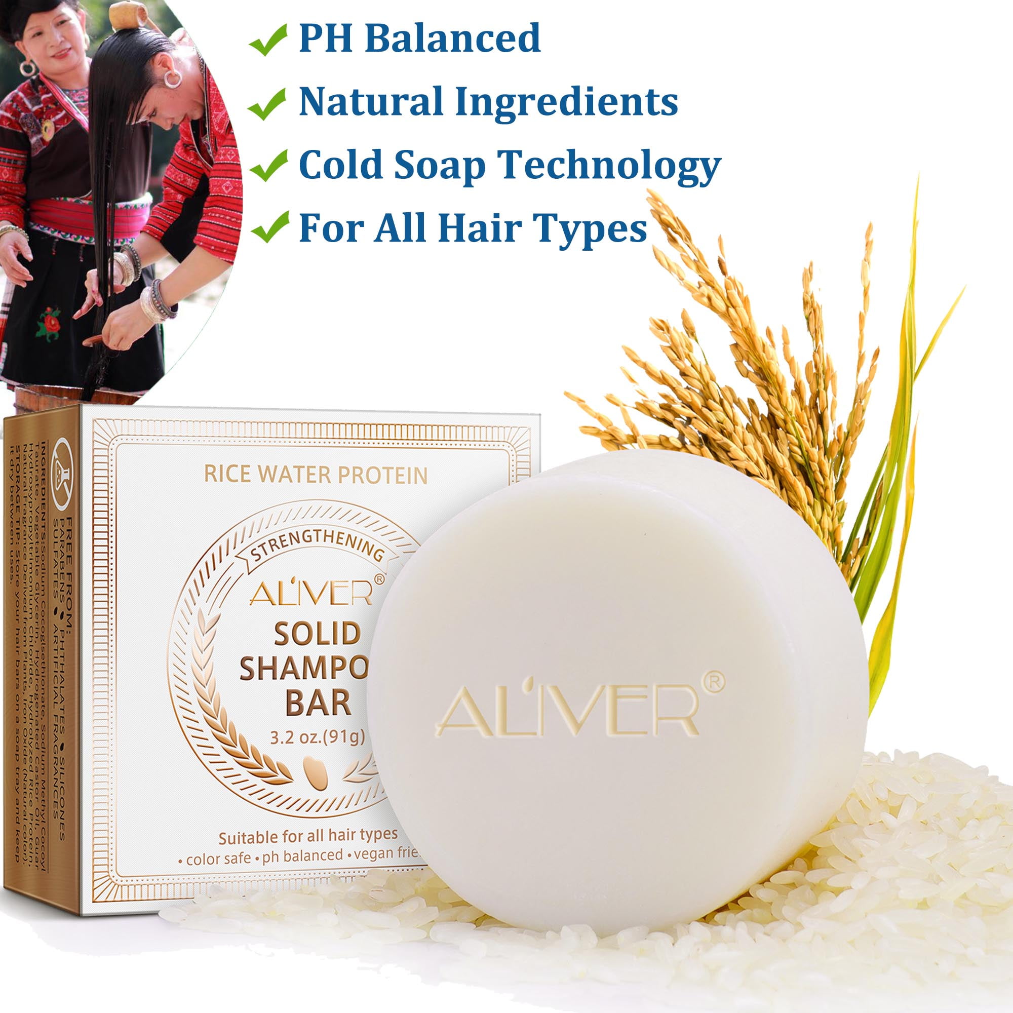 Aliver Solid Rice Shampoo Bar for Strengthening Hair, Natural Soap, for ...