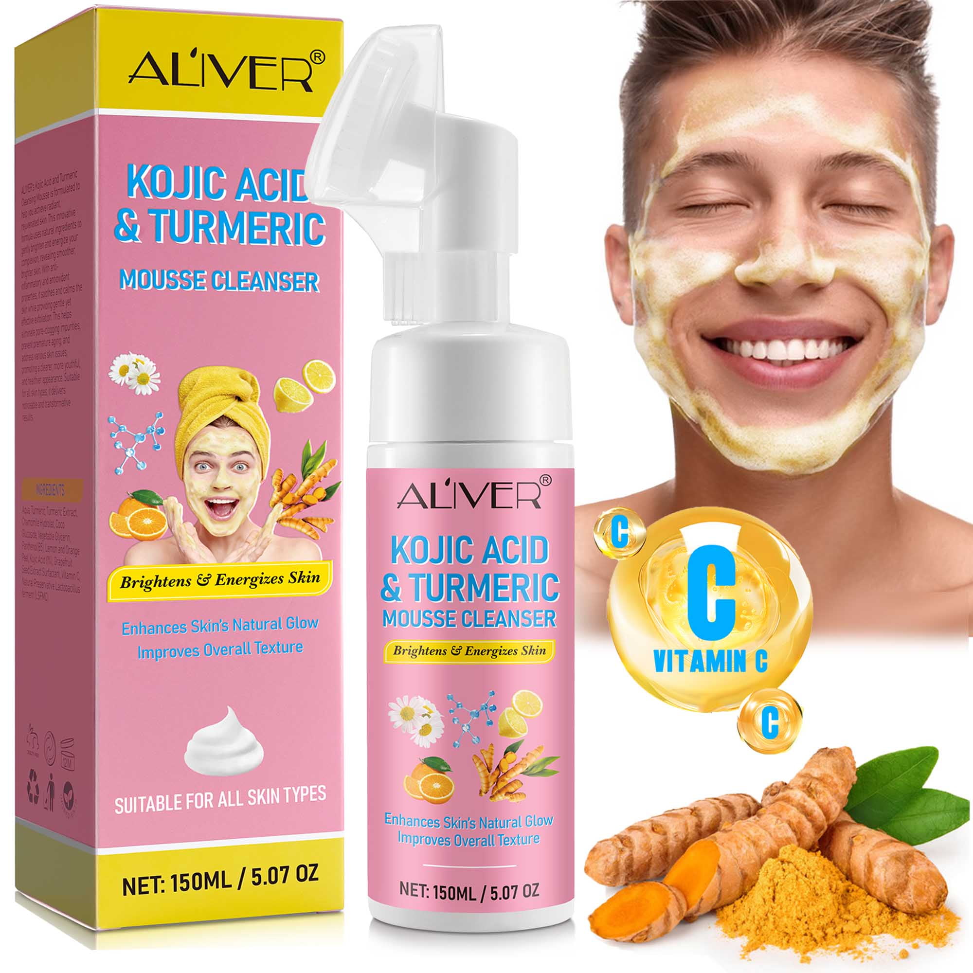 Aliver Turmeric Kojic Acid Foaming Face Cleanser, 150ml/5.07oz Mousse ...