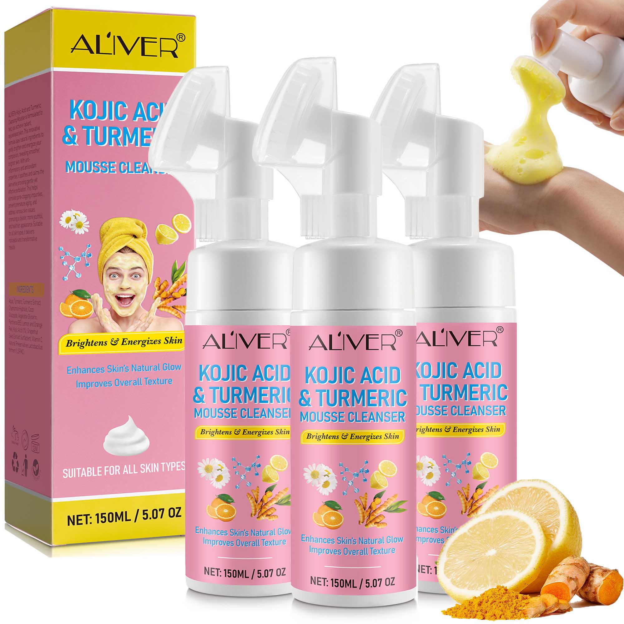 Aliver Turmeric Kojic Acid Foaming Face Cleanser, 3 Pack Mousse Face ...