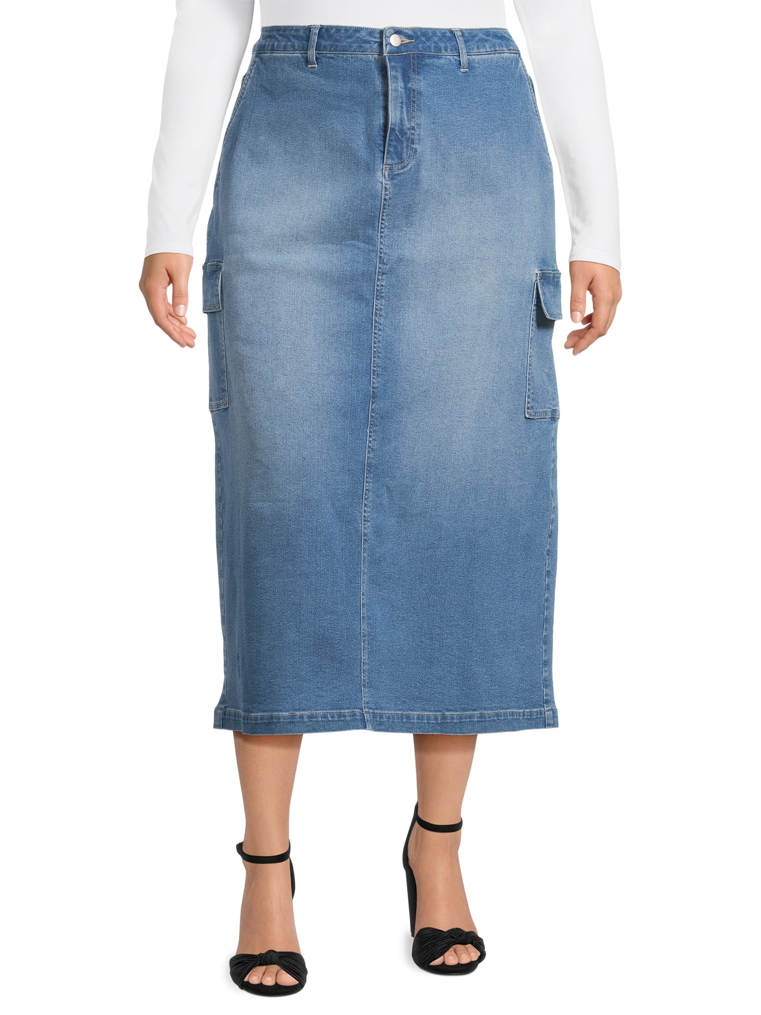 Alivia Ford Women's Plus Denim Midi Skirt with Cargo Pockets, Sizes 14W ...
