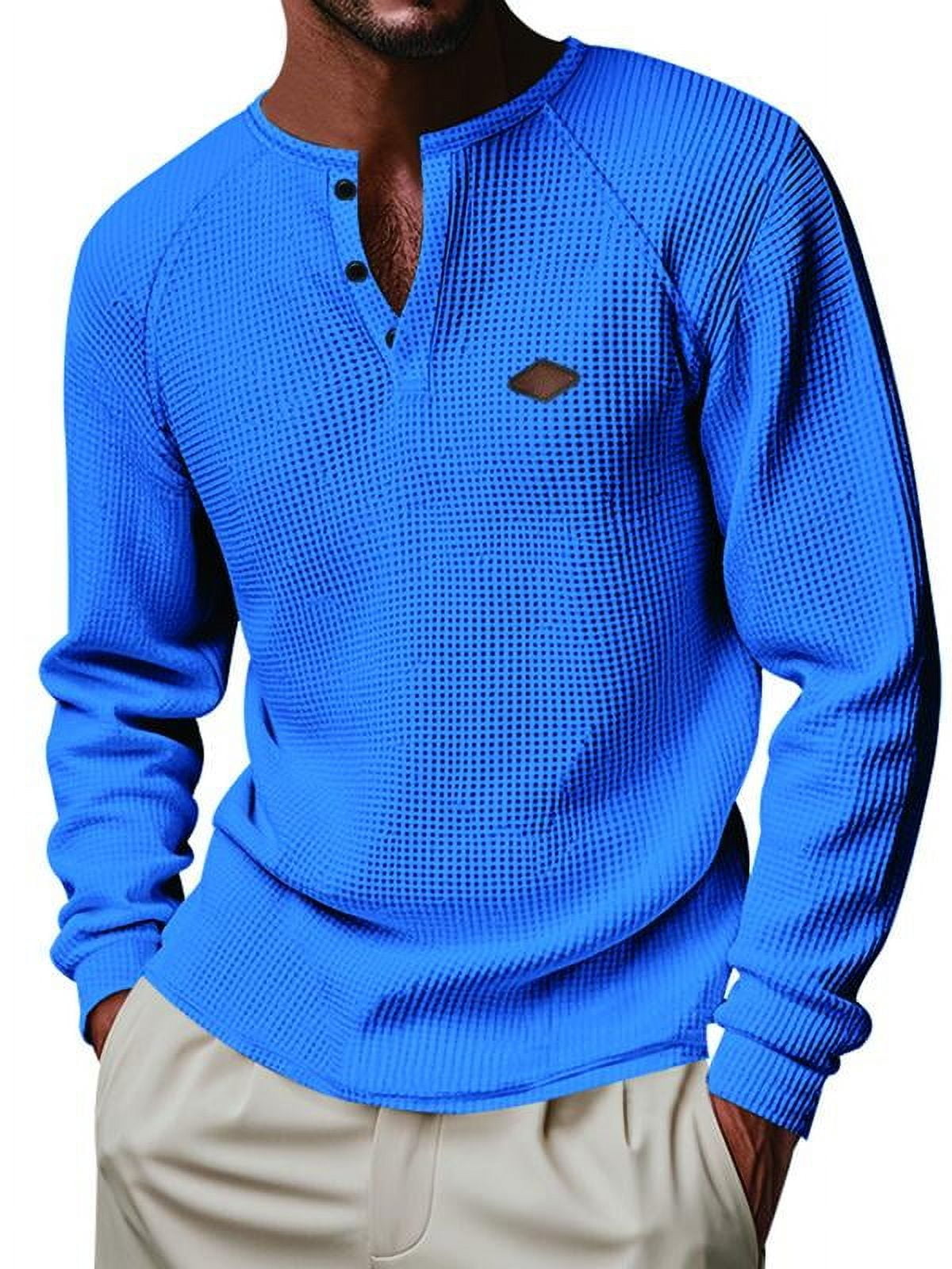 Alivor Men's Waffle Knit T-Shirt Top Button Notch Round Neck Long ...