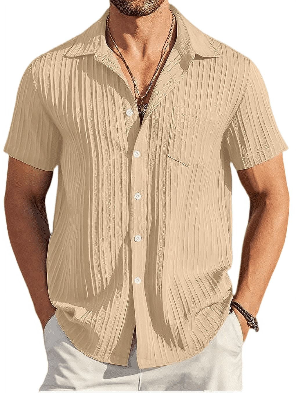 Alivor Mens Stylish Short Sleeve Button-Up Shirt Textured Stripes Casual Blouse with Front ...