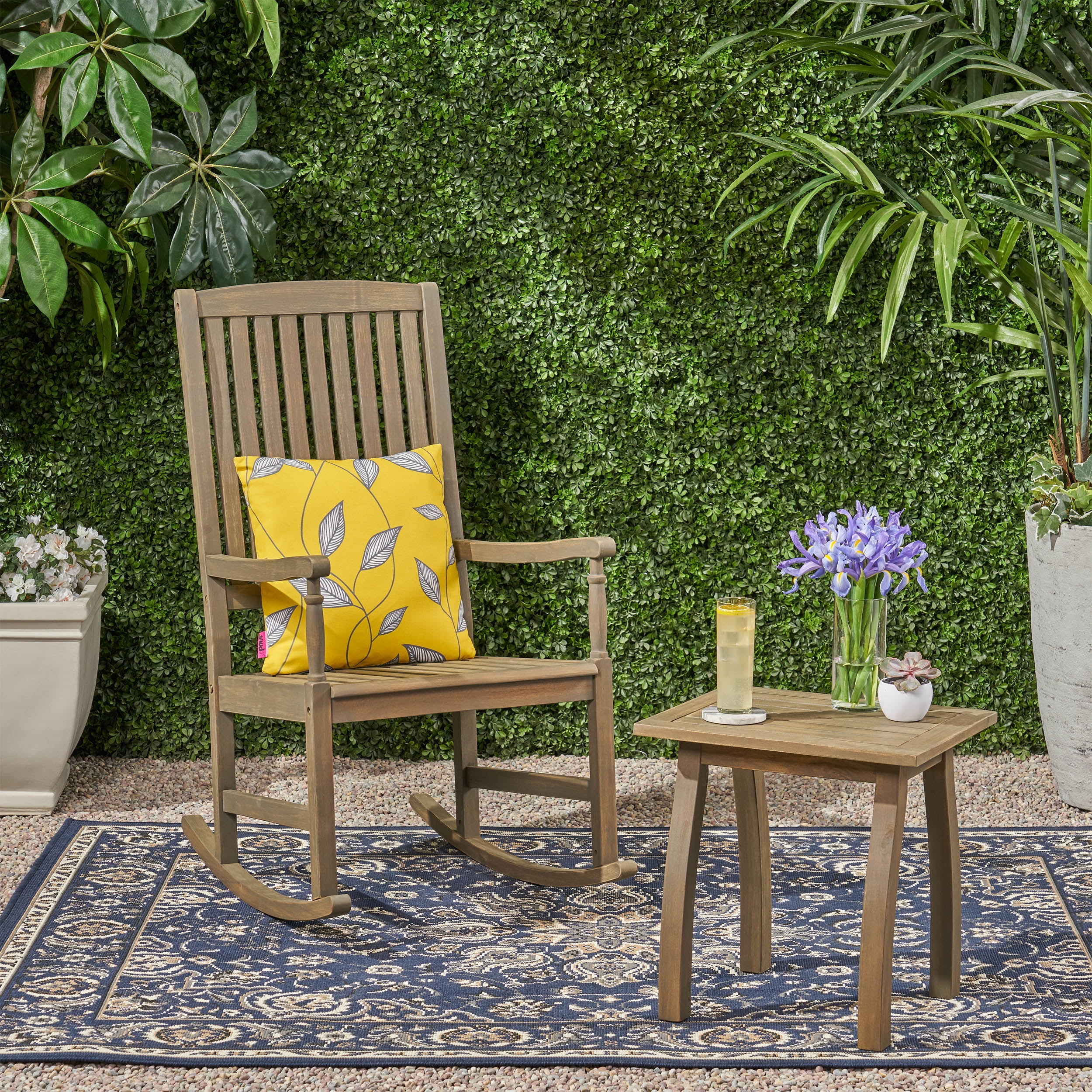 Aliya Outdoor Acacia Wood Rocking Chair and Side Table Set, Gray ...