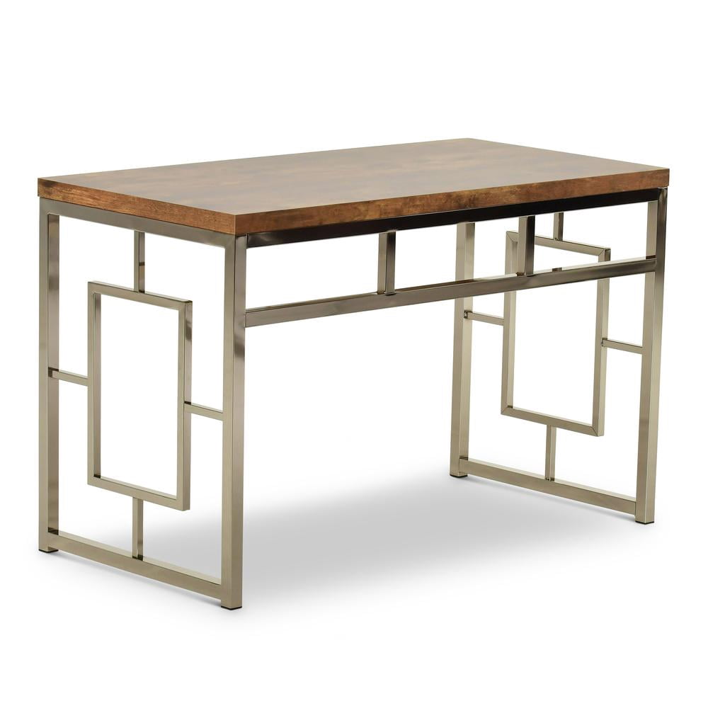 Alize Chrome Metal Desk with Brown Faux Wood Top - Walmart.com