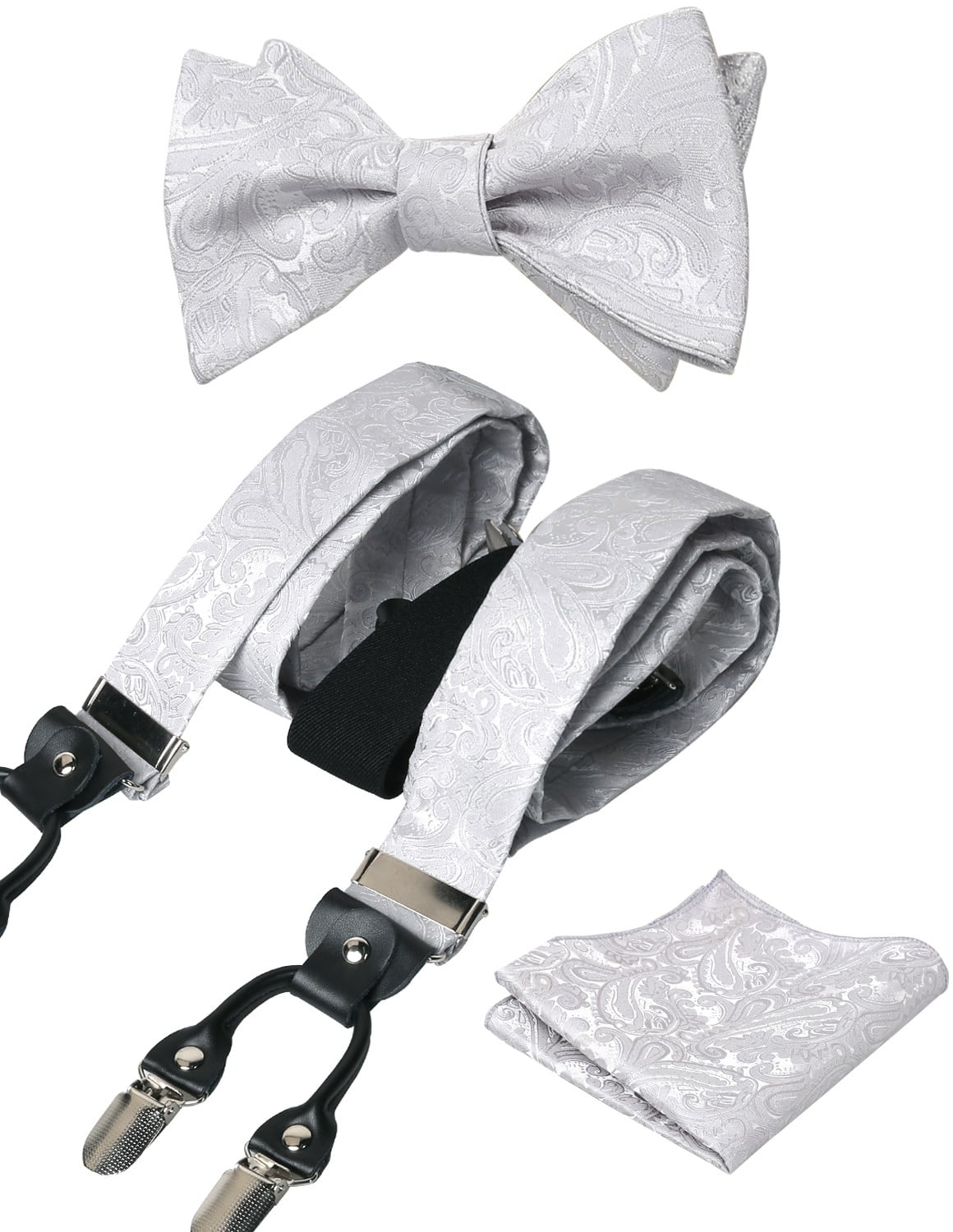 Alizeal Mens Paisley Suspender Untied Bow Tie and Hanky Set, Silver ...