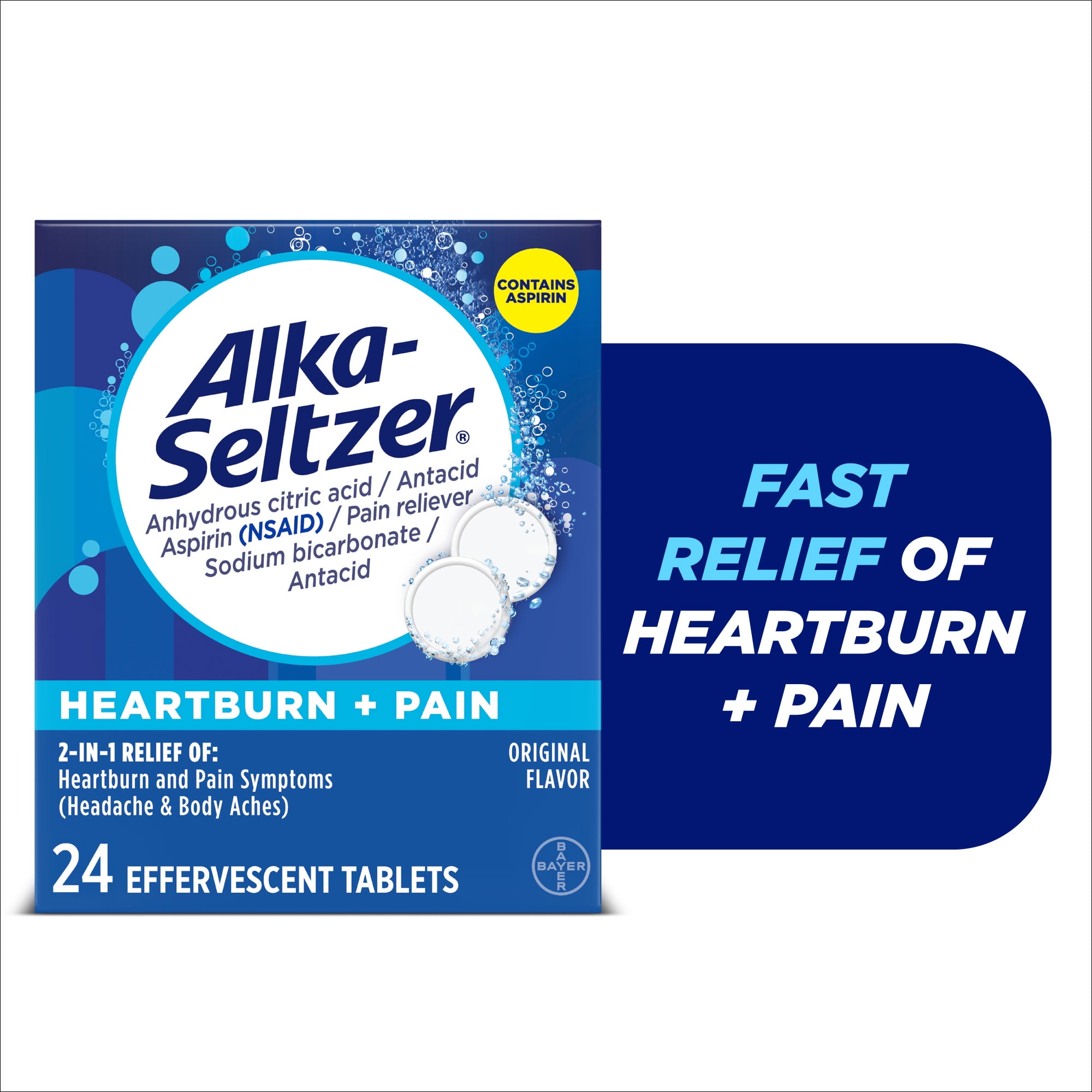 Alka-Seltzer Heartburn + Pain, Aspirin + Antacid Tablets for Fast Pain ...