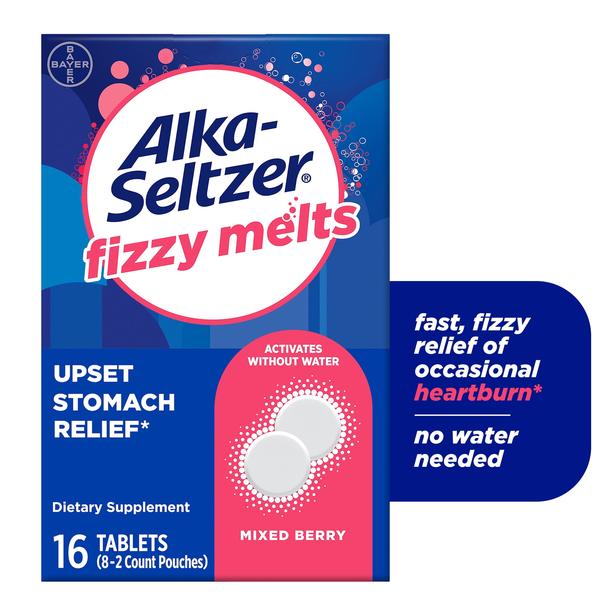 Alka-Seltzer Fizzy Melts Dietary Supplement Antacid, Mixed Berry, 16 ...